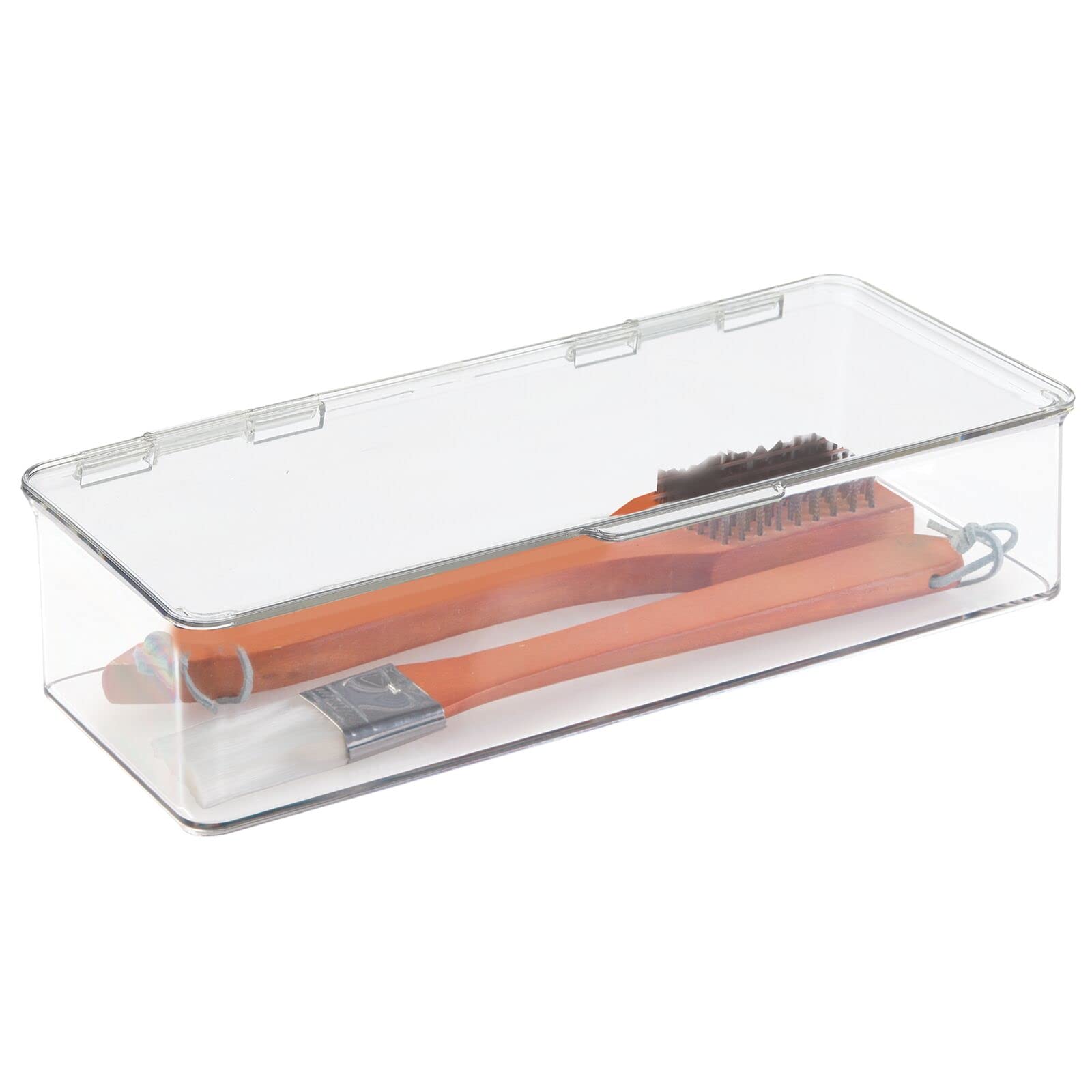 mDesign Long Plastic Kitchen Pantry/Fridge Storage Organizer Box Containers with Hinge Lid for Shelves or Cabinets, Holds Food, Snacks, Seasoning, Condiments, Flatware, Utensils, Clear