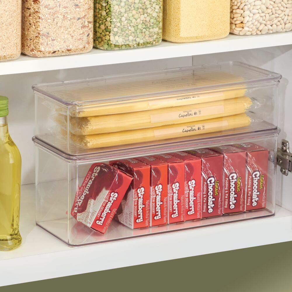 mDesign Long Plastic Kitchen Pantry/Fridge Storage Organizer Box Containers with Hinge Lid for Shelves or Cabinets, Holds Food, Snacks, Seasoning, Condiments, Flatware, Utensils, Clear