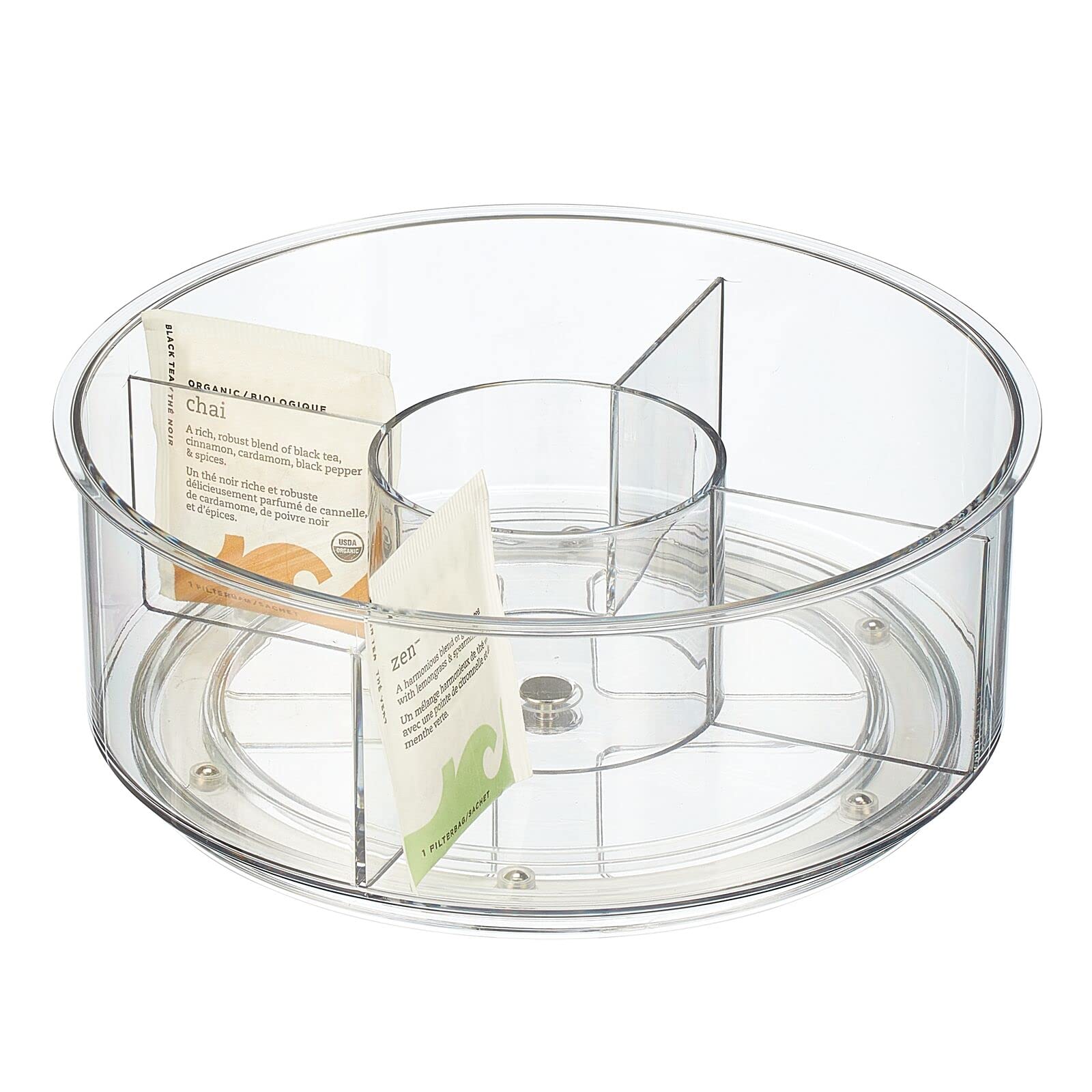 mDesign Lazy Susan Turntable Divided Plastic Spinner for Kitchen Pantry, Fridge, Cupboard, or Counter Organizing, Fully Rotating Organizer for Tea Bags, 9" Round - Lumiere Collection - Clear