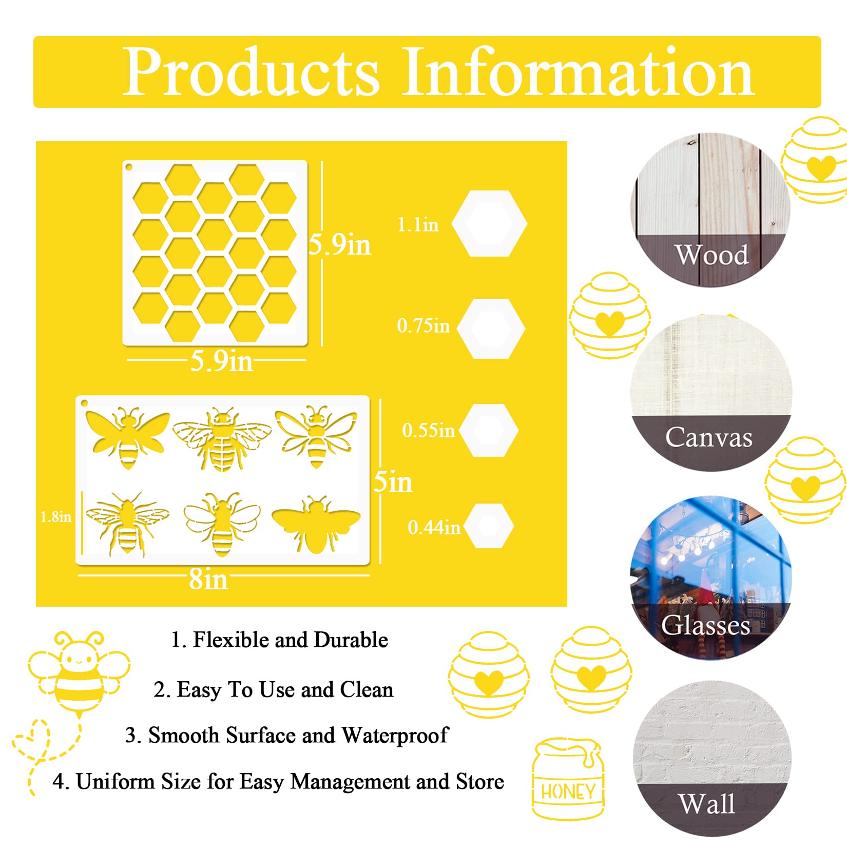 12 Pieces Bee Honeycomb Stencil, Reusable Bee Stencils for Painting on Wood Signs Furniture DIY Crafts Wall Canvas Fabric Plastic Drawing Template Hexagon Paint Wood Burning Stencils (bee)