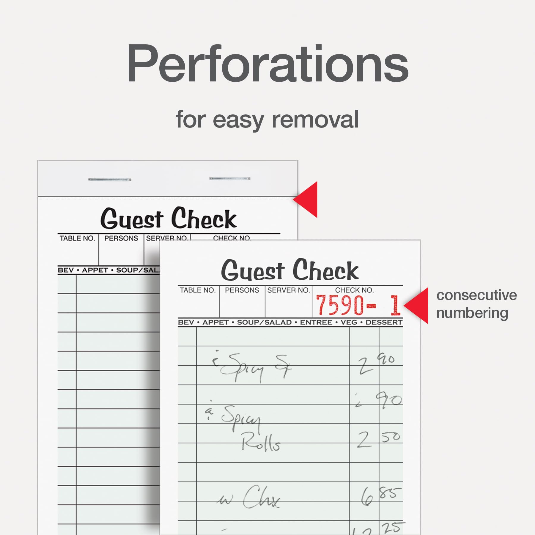 Adams Guest Check Pads, Single Part, Perforated, White, 3-2/5" x 6-3/4 ", 50 Sheets/Pad, 5 Pads/Pack (525SWMT)