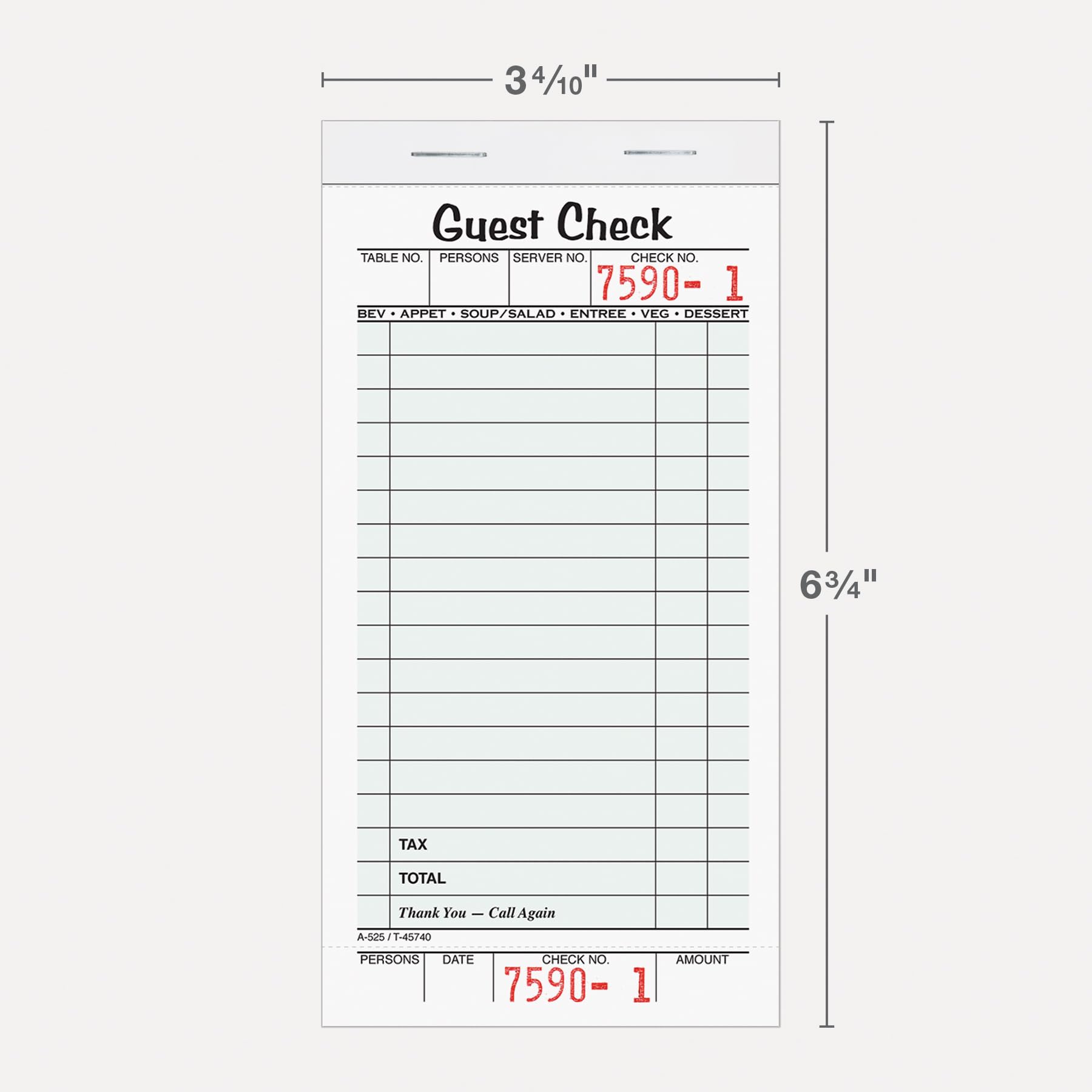 Adams Guest Check Pads, Single Part, Perforated, White, 3-2/5" x 6-3/4 ", 50 Sheets/Pad, 5 Pads/Pack (525SWMT)