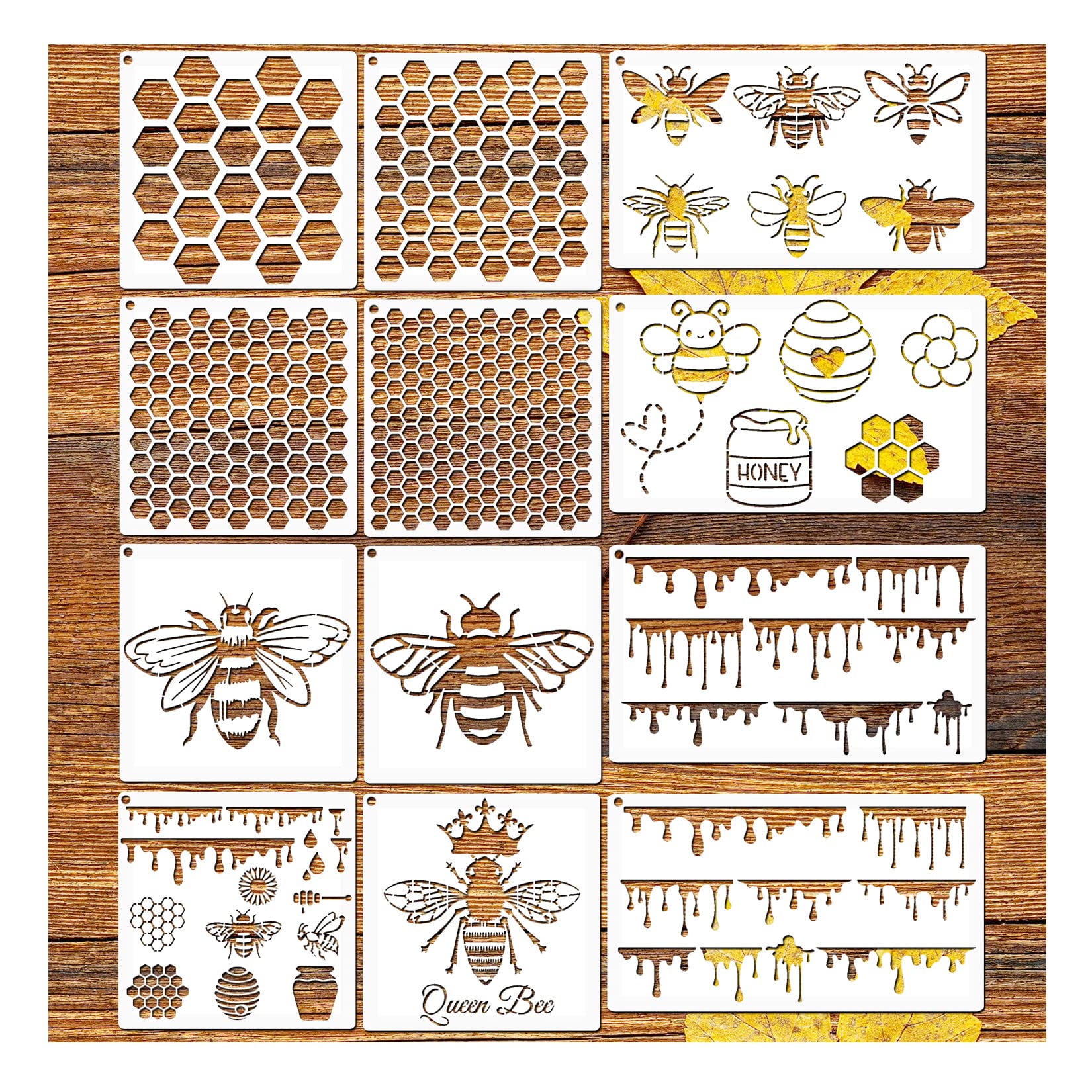 12 Pieces Bee Honeycomb Stencil, Reusable Bee Stencils for Painting on Wood Signs Furniture DIY Crafts Wall Canvas Fabric Plastic Drawing Template Hexagon Paint Wood Burning Stencils (bee)