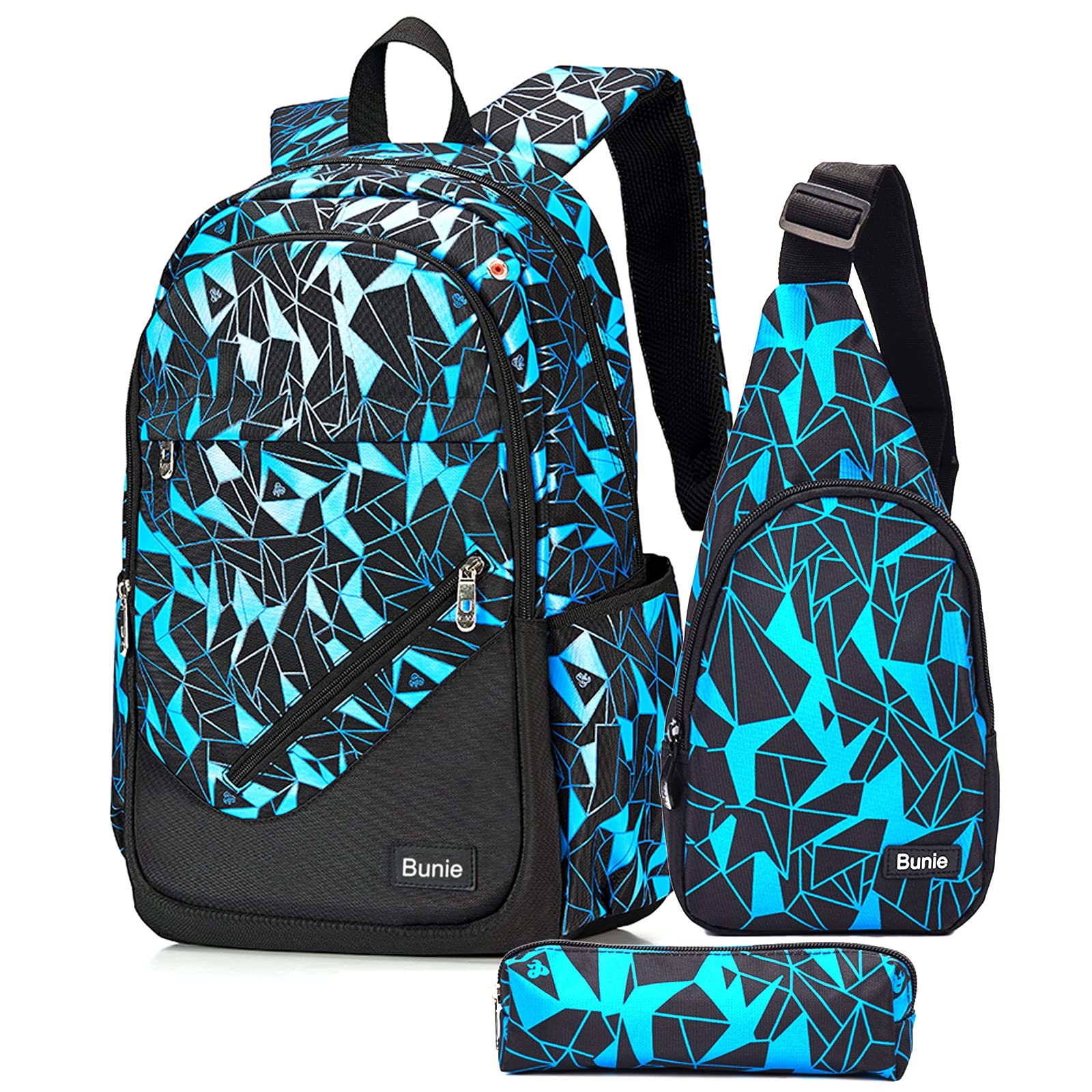 bunie Boys Backpack for School Large Bookbag Waterproof Schoolbag Pencil Case Sling Bag Set for Middle High Casual Daypack (Blue)