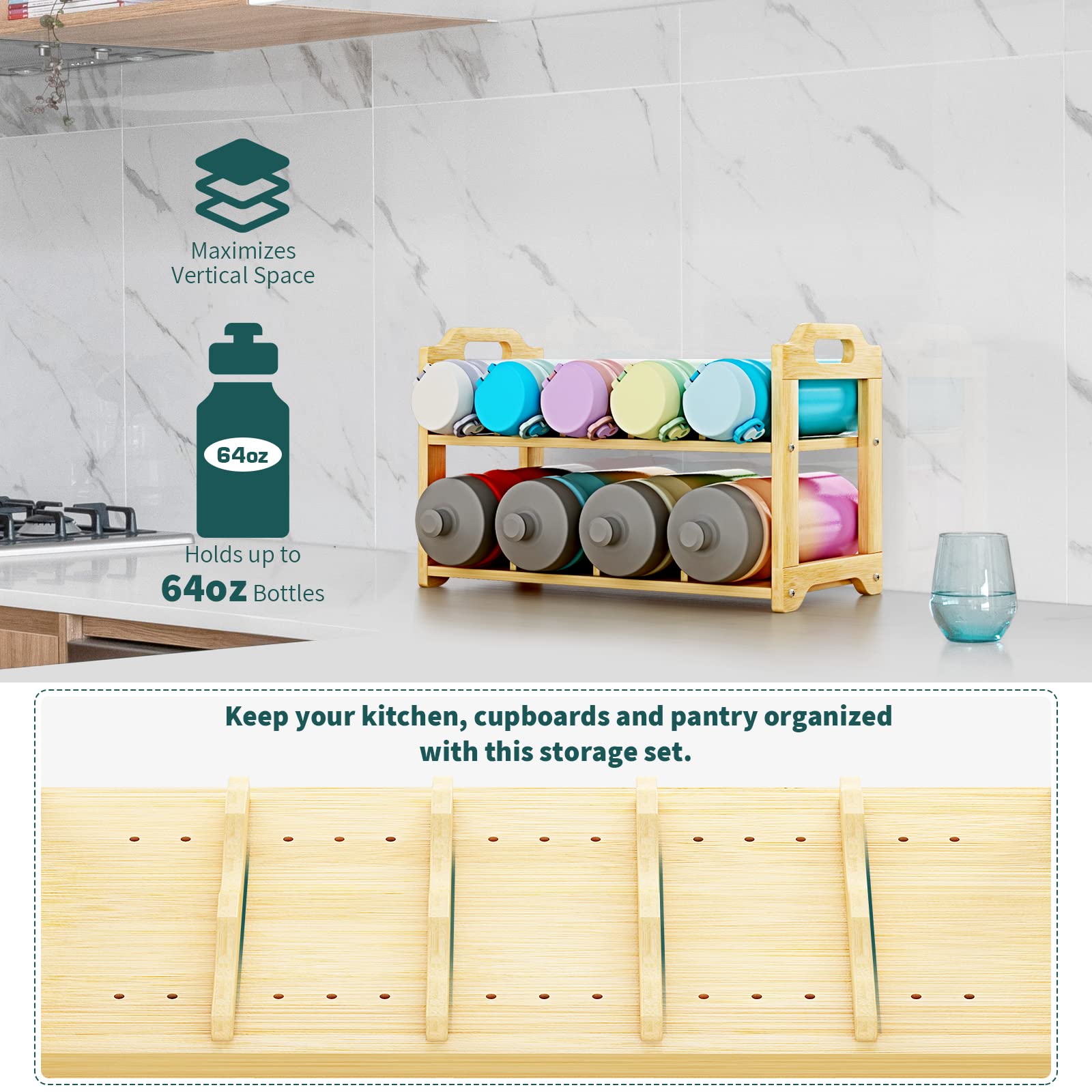 KOK KAY Water Bottle Organizer, Stackable Wine Rack Storage, 2 Layers Holds up to 10 Bottles, Adjustable Bamboo Water Bottle Storage Organizer Rack