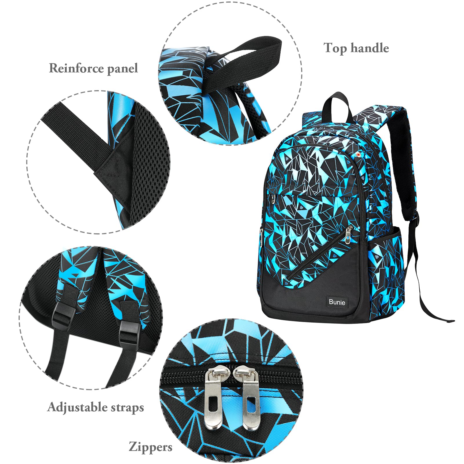 bunie Boys Backpack for School Large Bookbag Waterproof Schoolbag Pencil Case Sling Bag Set for Middle High Casual Daypack (Blue)