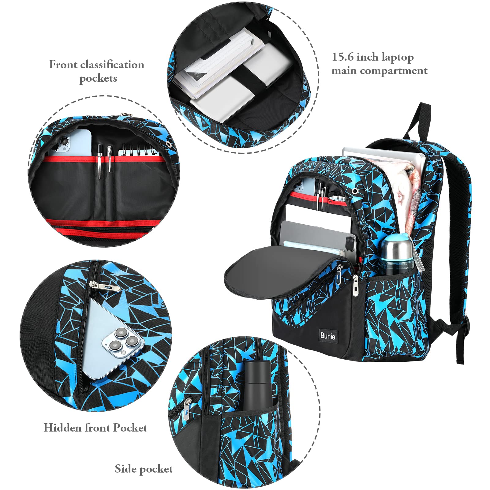 bunie Boys Backpack for School Large Bookbag Waterproof Schoolbag Pencil Case Sling Bag Set for Middle High Casual Daypack (Blue)