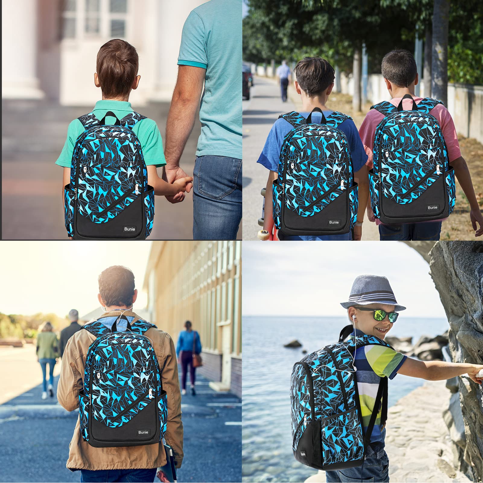 bunie Boys Backpack for School Large Bookbag Waterproof Schoolbag Pencil Case Sling Bag Set for Middle High Casual Daypack (Blue)