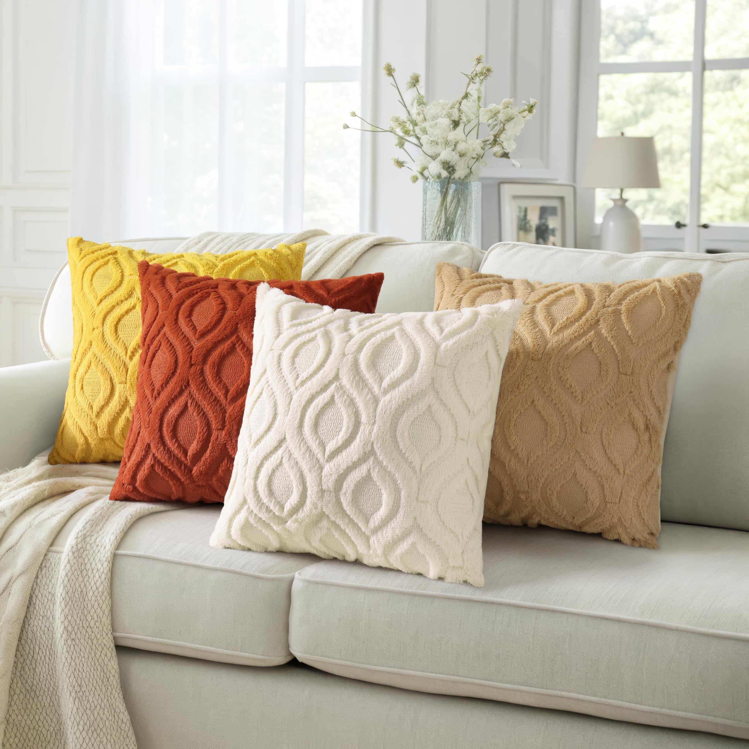decorUhome Decorative Throw Pillow Covers 18x18, Soft Plush Faux Wool Couch Pillow Covers Set of 2, Beige