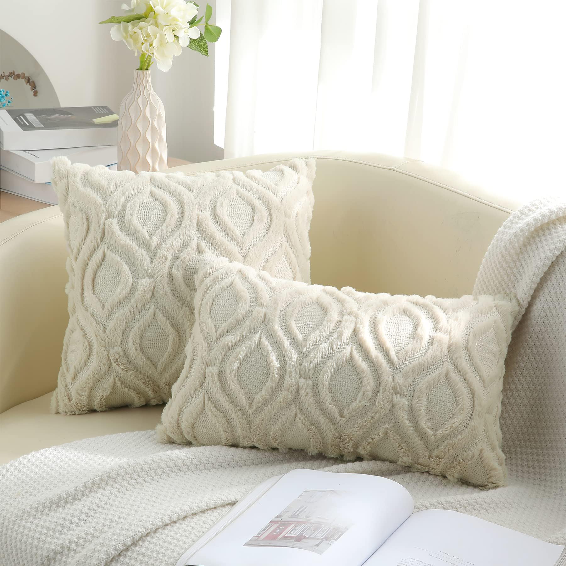 decorUhome Decorative Throw Pillow Covers 18x18, Soft Plush Faux Wool Couch Pillow Covers Set of 2, Beige