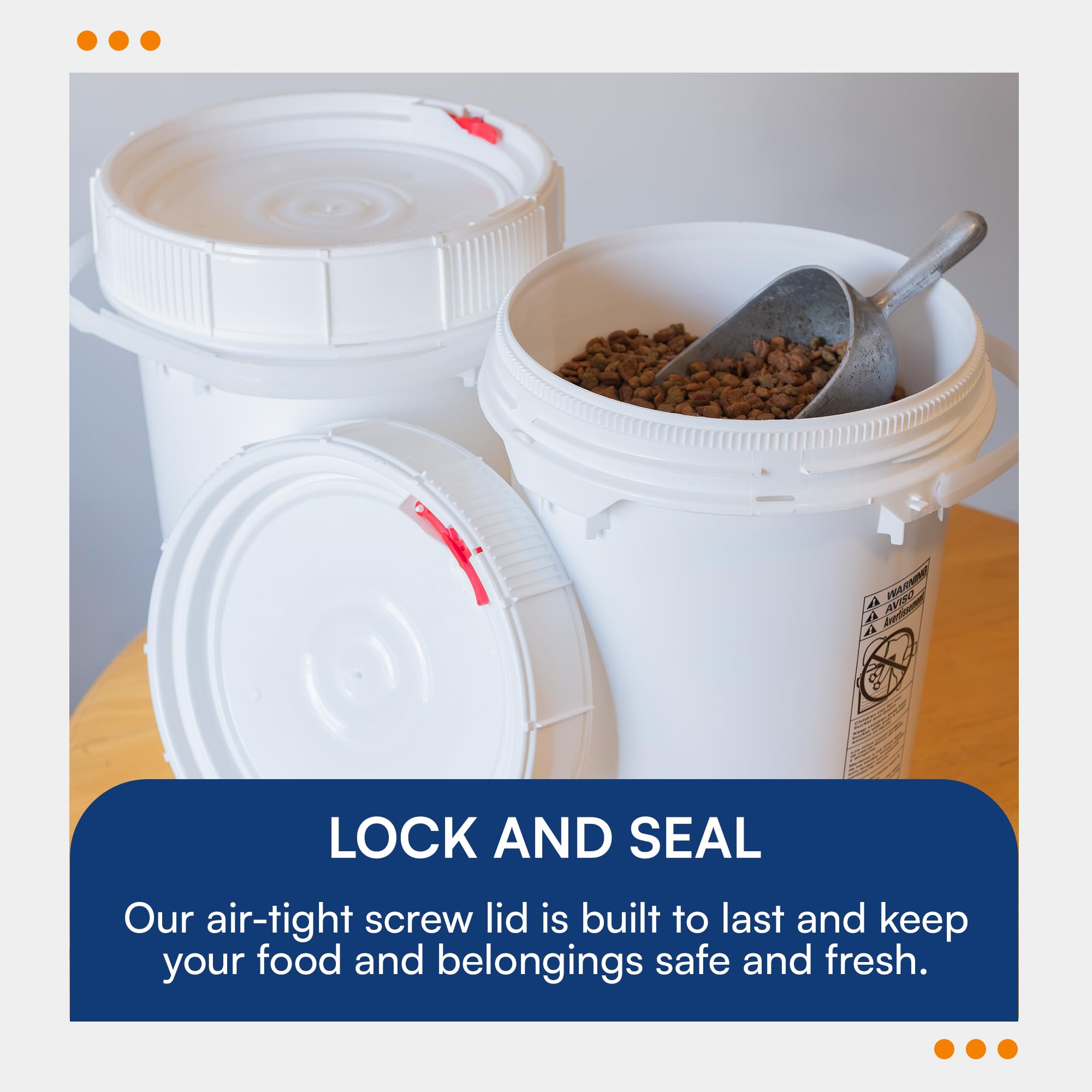5 Gallon White BPA Free Durable Food Grade Bucket With Screw Lid | All Purpose Specialty Storage Plastic Pail Safety | Air-tight Design with Child Resistant Button - 2 PACK