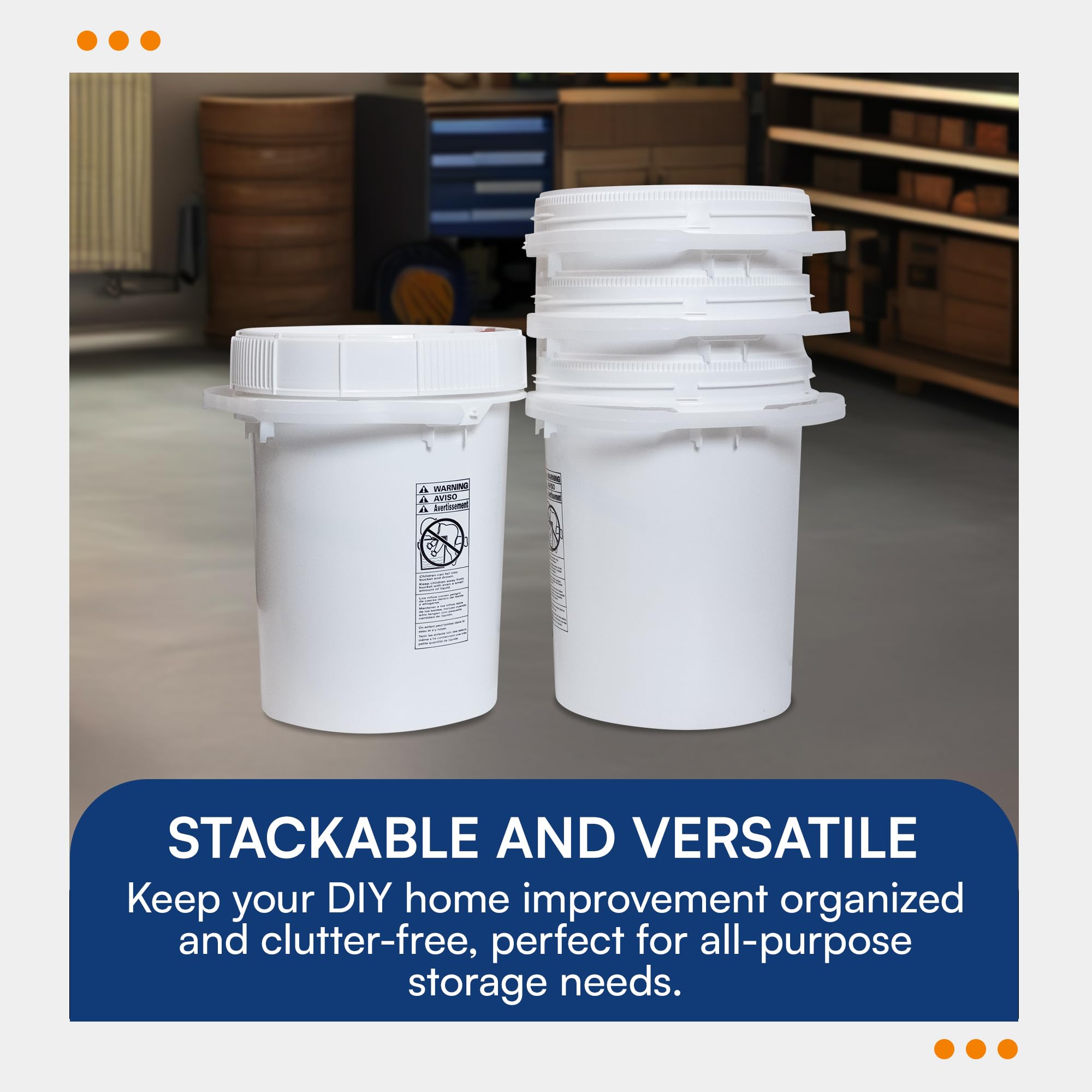 5 Gallon White BPA Free Durable Food Grade Bucket With Screw Lid | All Purpose Specialty Storage Plastic Pail Safety | Air-tight Design with Child Resistant Button - 2 PACK
