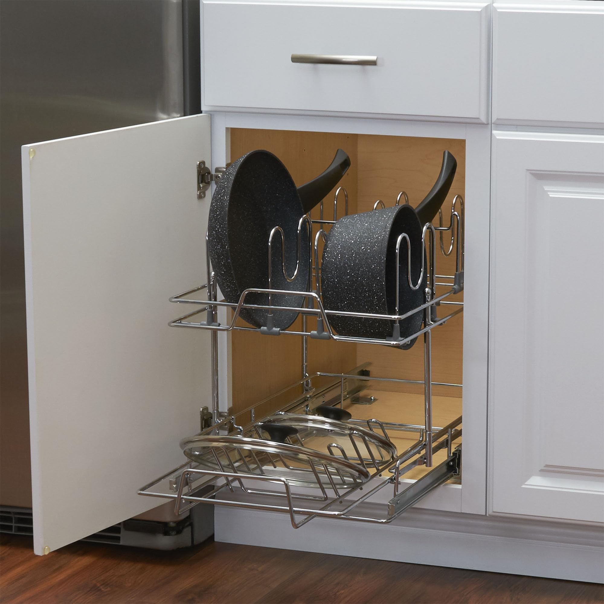 Household Essentials C42617-1 Glidez 2-Tier Pot and Lid Kitchen Cabinet Organizer | 21 in D x 14.1 in W x 16.2 in H | Chrome Wire, Silver