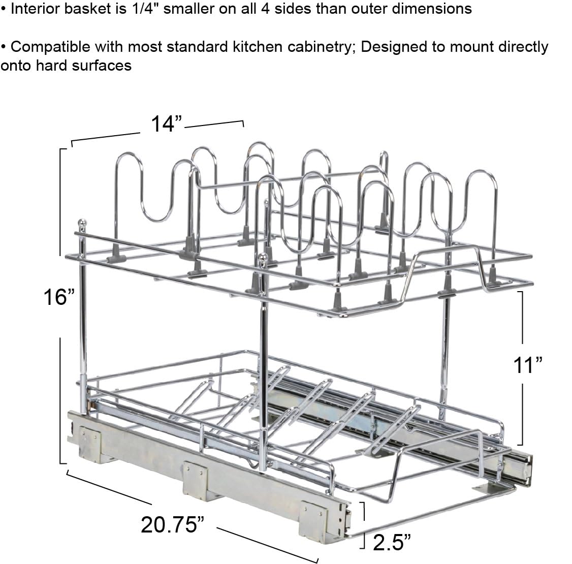 Household Essentials C42617-1 Glidez 2-Tier Pot and Lid Kitchen Cabinet Organizer | 21 in D x 14.1 in W x 16.2 in H | Chrome Wire, Silver