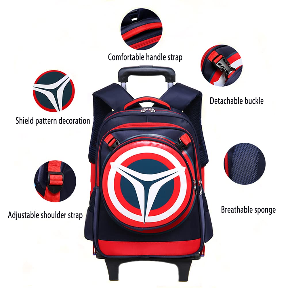 FENGJINRUHUA Boy Girl Lightweight Kid's School SchoolBag Shield Superhero Detachable Two In One Tie Rod Rolling Backpack With Six Wheels Navy