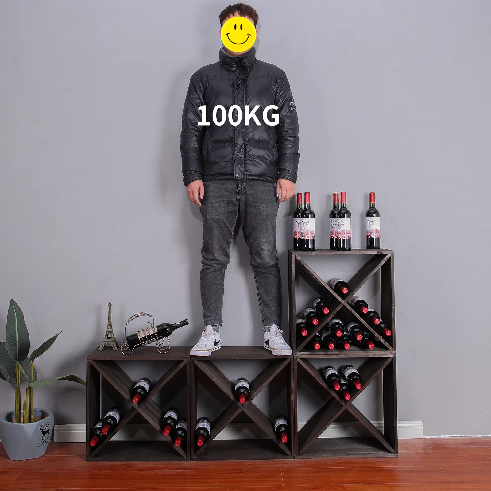 FDHUIJIA Wine Rack Cabinet countertop Wooden Stackable Storage Retro Cube 24 Bottles freestanding Floor Wine Holder Stand (Black)
