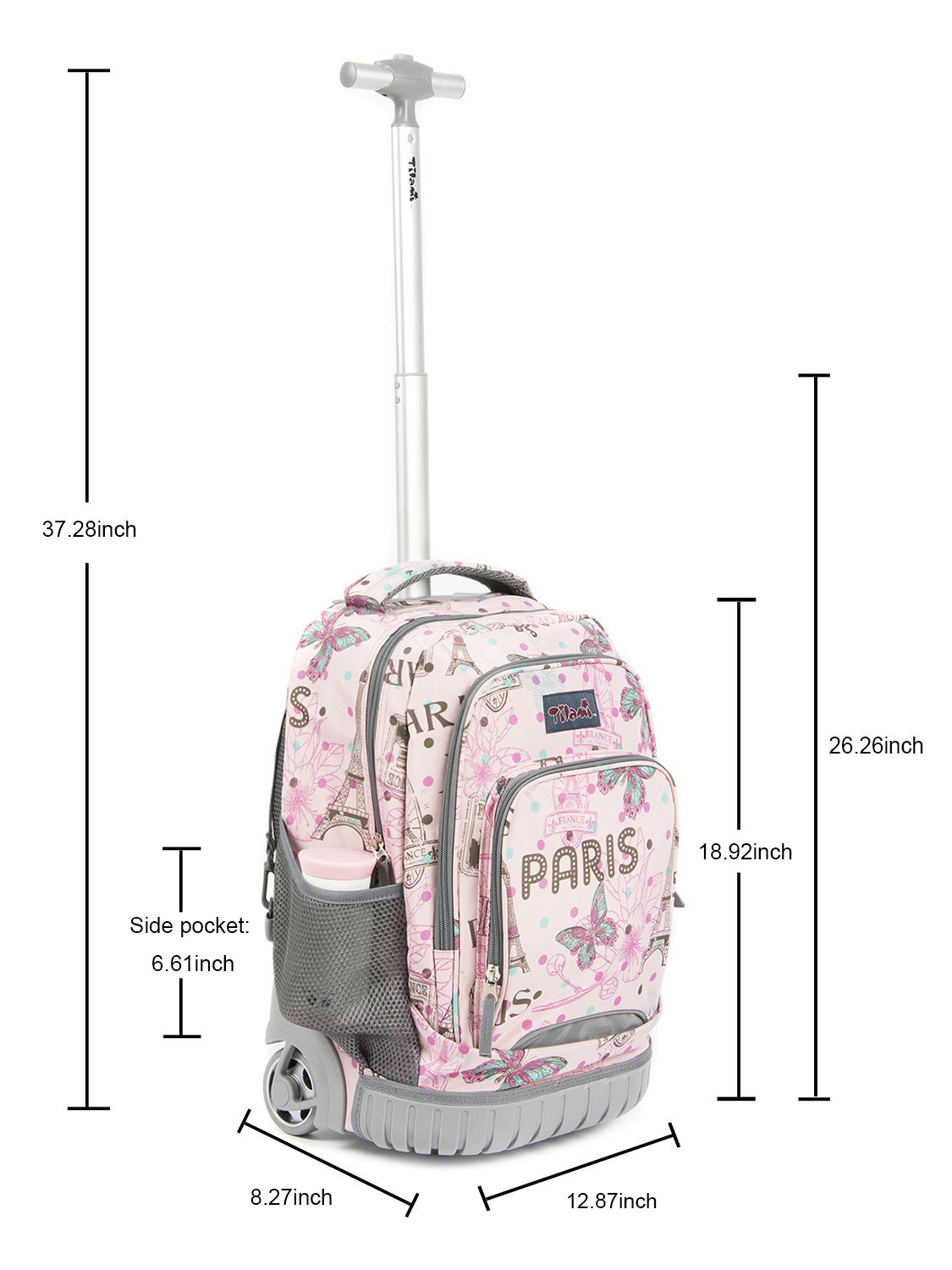 Tilami Rolling Backpack 18 Inch with Pencil Case School for Boys Girls, Pink