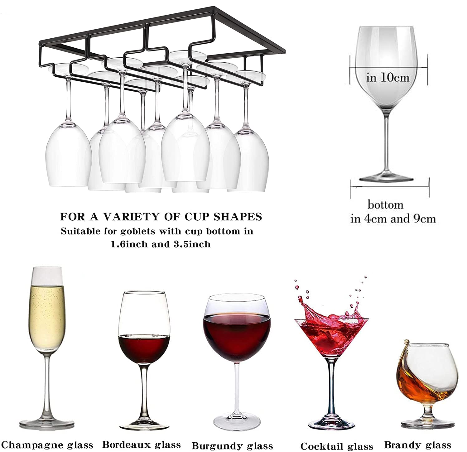 FIAMER Wine Cup Holder Table Decoration Storage Hanger Metal Organizer for Bar Kitchen 3 Rows Stemware Rack Under Cabinet Stainless Steel Hanger Storage Shelf Black
