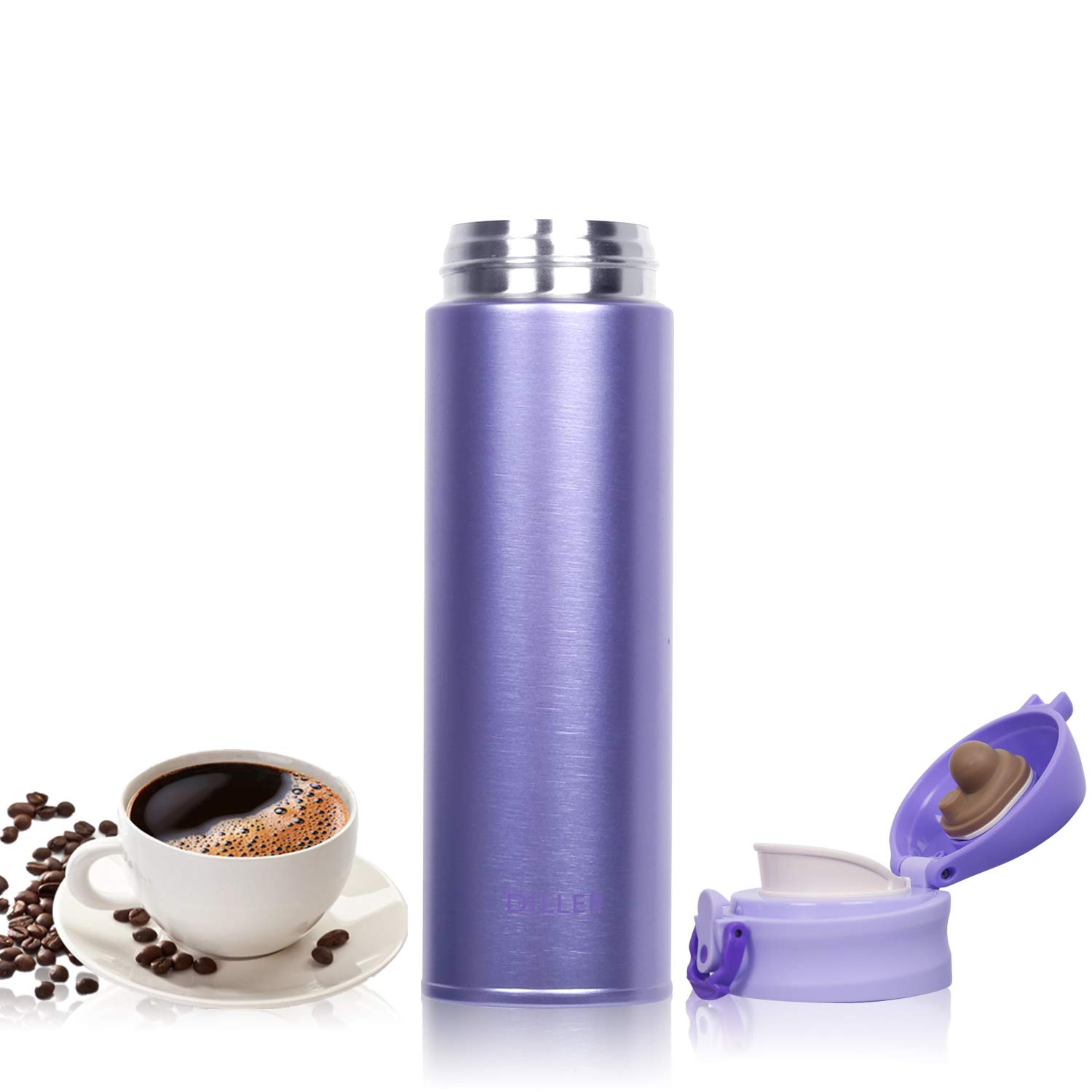 DILLER Insulated Coffee Travel Mug - 17oz Vacuum Insulated Water Bottle, Thermal Vacuum Drink Flask Keeps 24 Hours Cold & 12 Hours Hot (Purple, 17 oz)