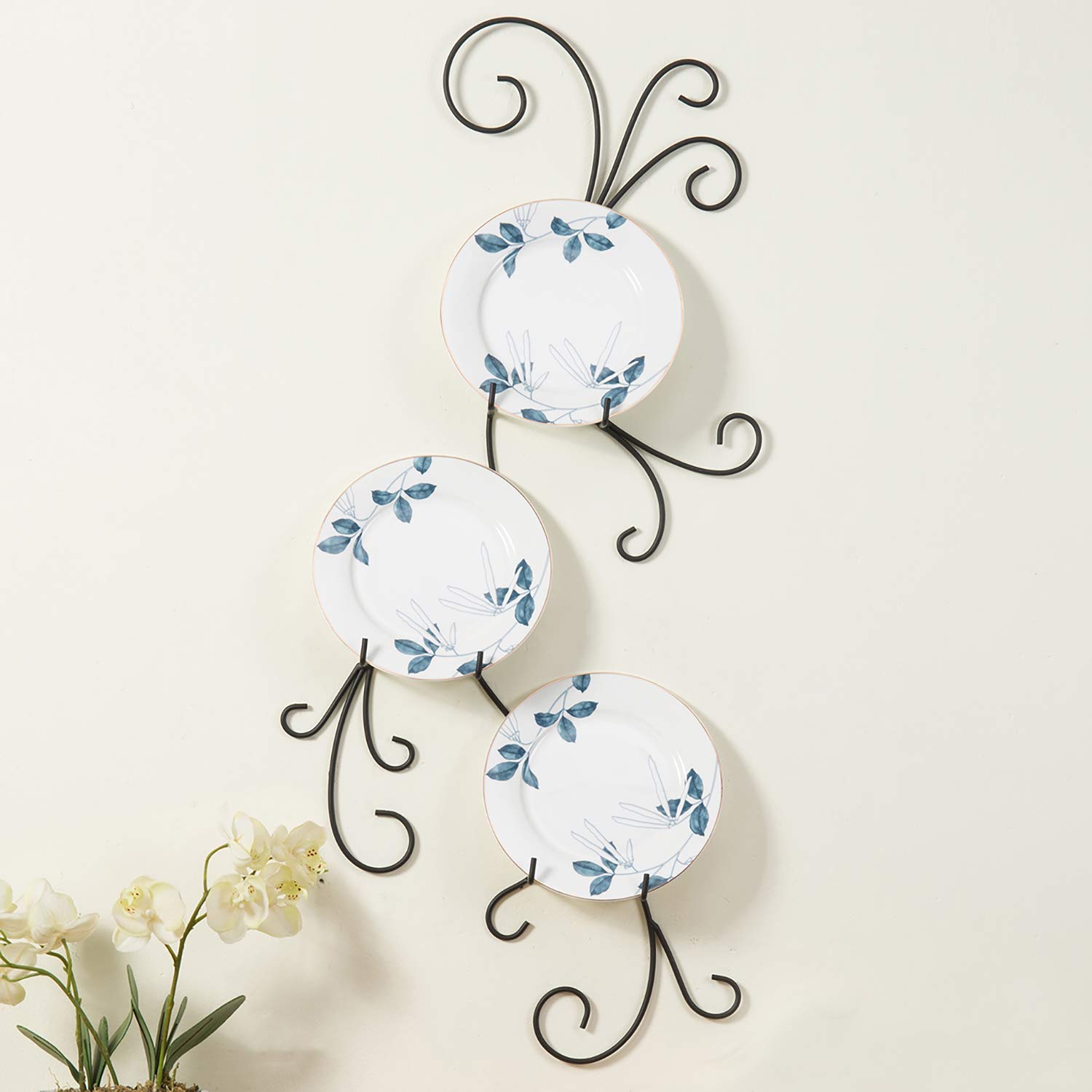 MyGift Wall Mounted Decorative Black Metal Vertical Plate Holder Display Stand, 3 Tier Rack for Large Collectible Plates