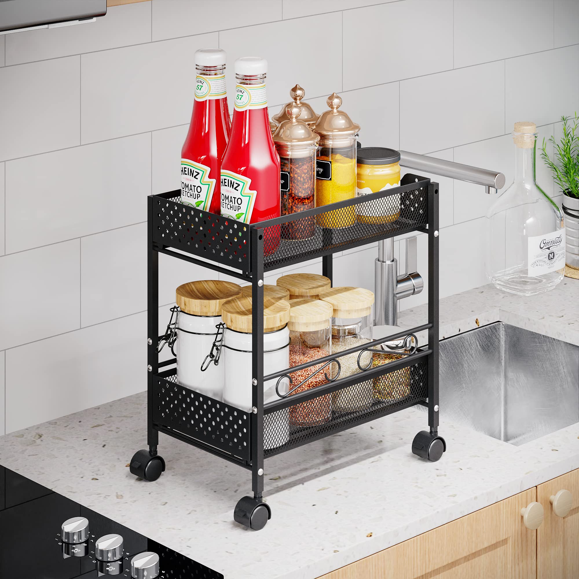 Lexza 2 Pack - 2-Tier Under Sink Cabinet Organizer with Sliding Storage Drawer for Kitchen and Bathroom Cabinet Countertop, Black