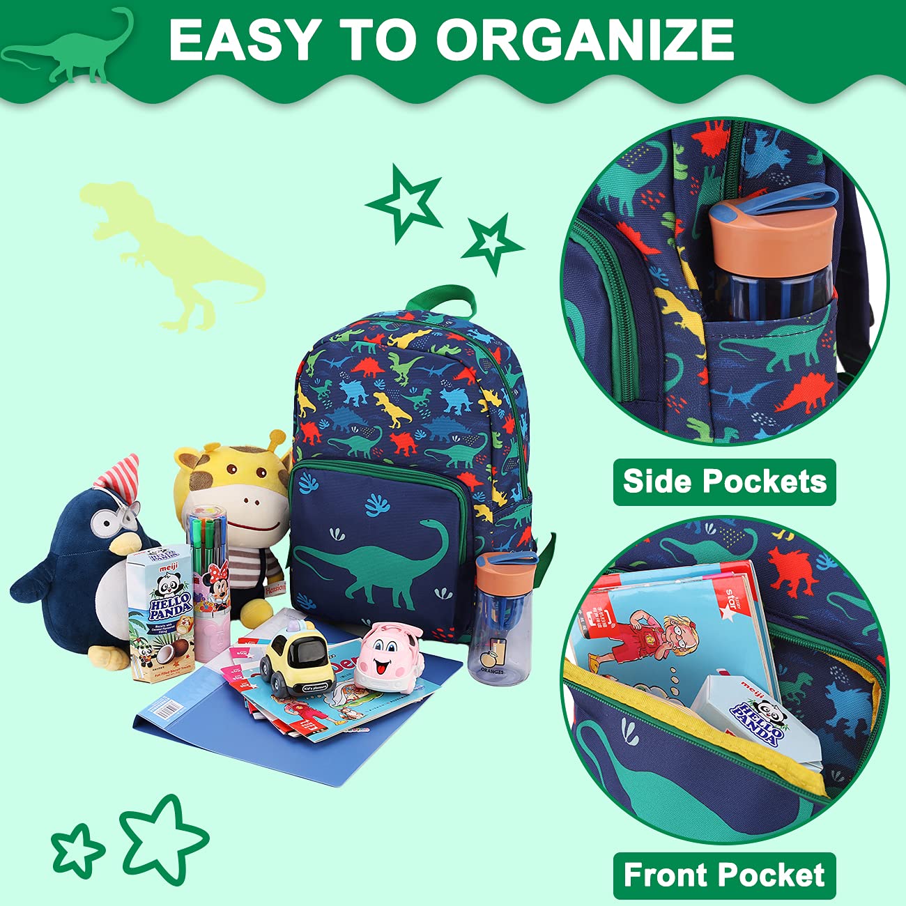 RAVUO Dinosaur Backpack, Water Resistant Cute Lightweight Small Backpack for Little Kids Boys Kindergarten Preschool Bookbag Toddler Backpack with Chest Strap