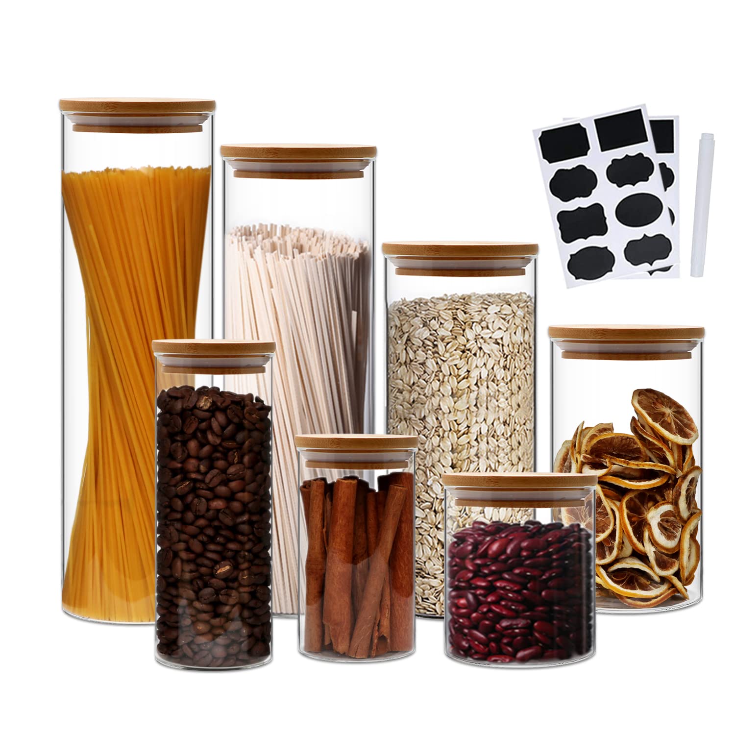 Encheng Glass Jars with Lids,Airtight Glass Food Storage Jars with Bamboo Lids,7 Pack Borosilicate Glass Pantry Storage Container for Kitchen,Pantry,Flour,Coffee,Cereal,Beans,Pasta,Powder