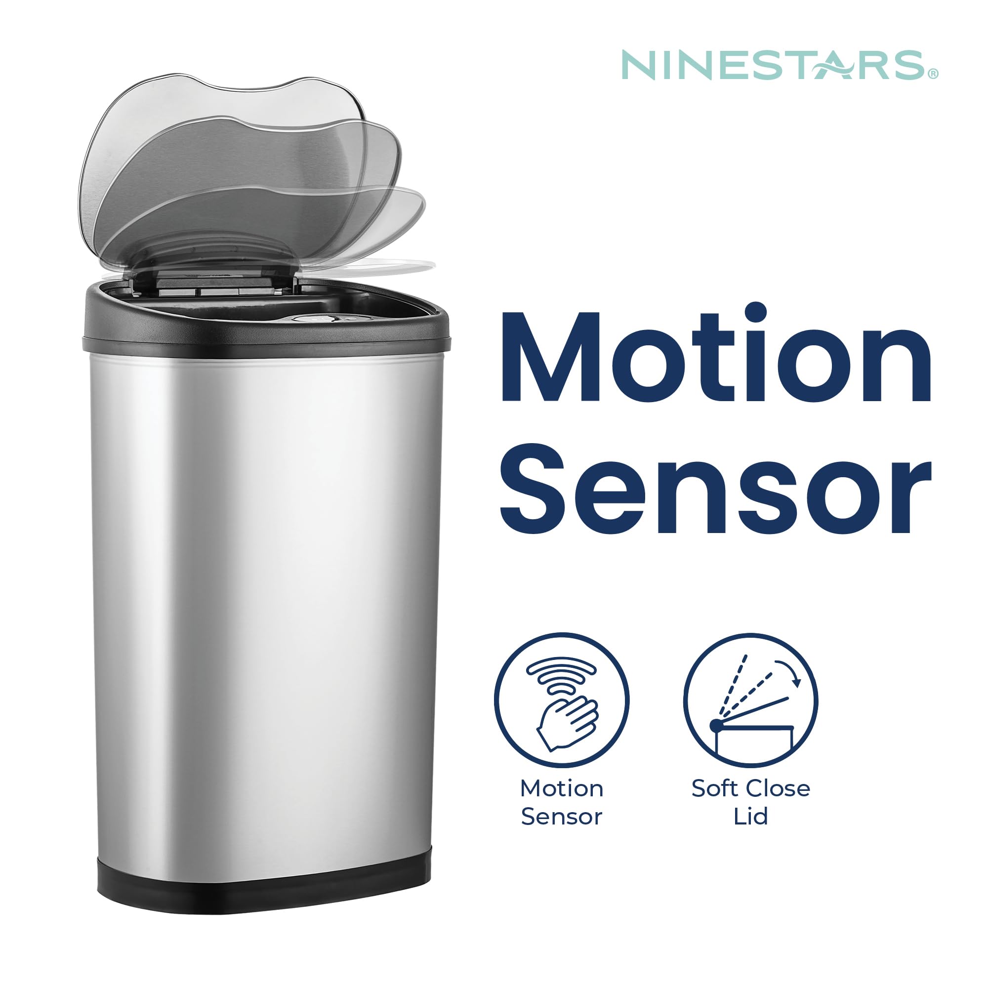 Ninestars DZT-50-13 Automatic Touchless Motion Sensor Oval Trash Can with Black Top, 13 gallon/50 L, Stainless Steel