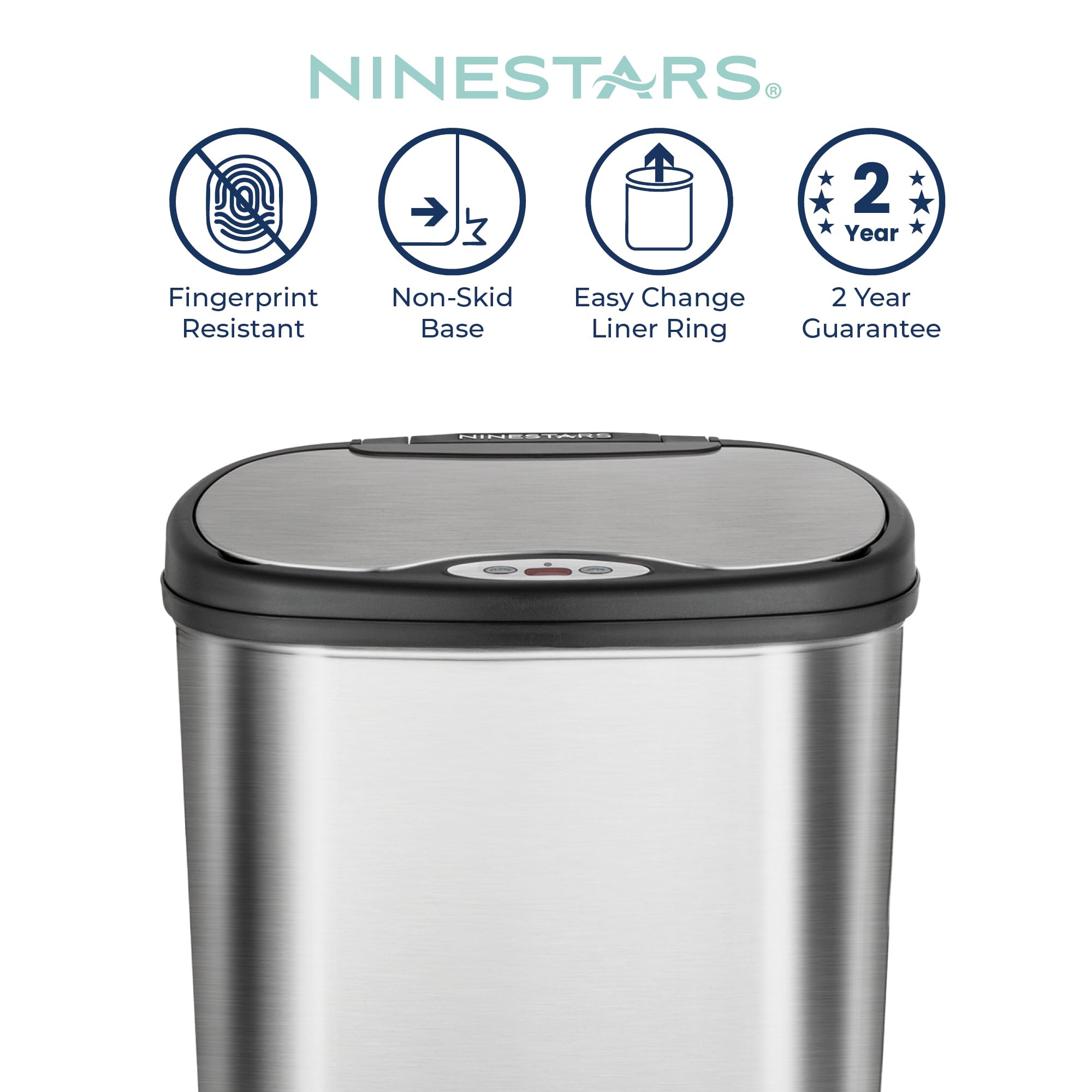Ninestars DZT-50-13 Automatic Touchless Motion Sensor Oval Trash Can with Black Top, 13 gallon/50 L, Stainless Steel