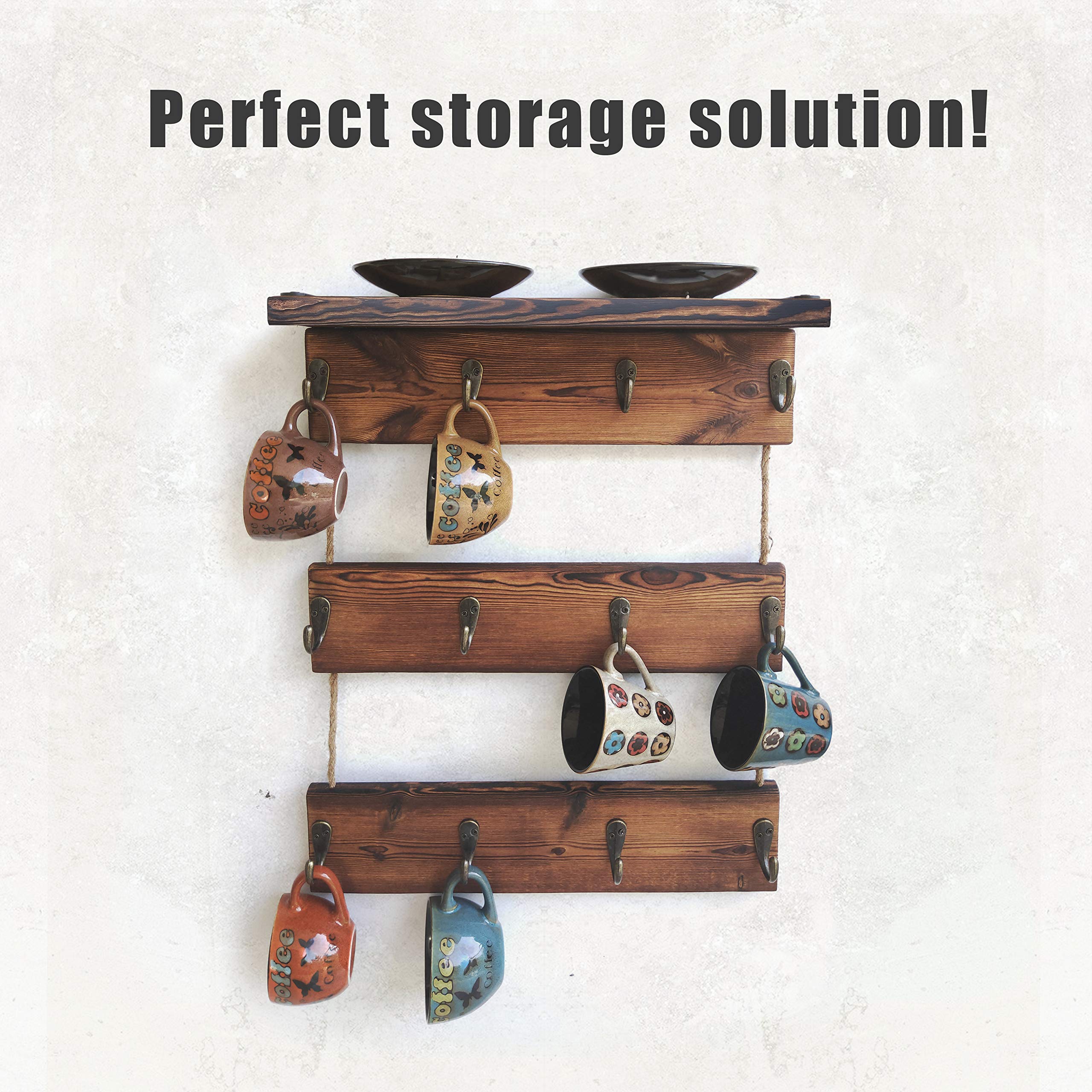 KOLYMAX 12 Hooks Coffee Cup Holder Solid Wood Mug Rack with Shelf Coffee Bar Mug Display Rustic Kitchen Storage Rack for Farmhouse Decor 3 Tie