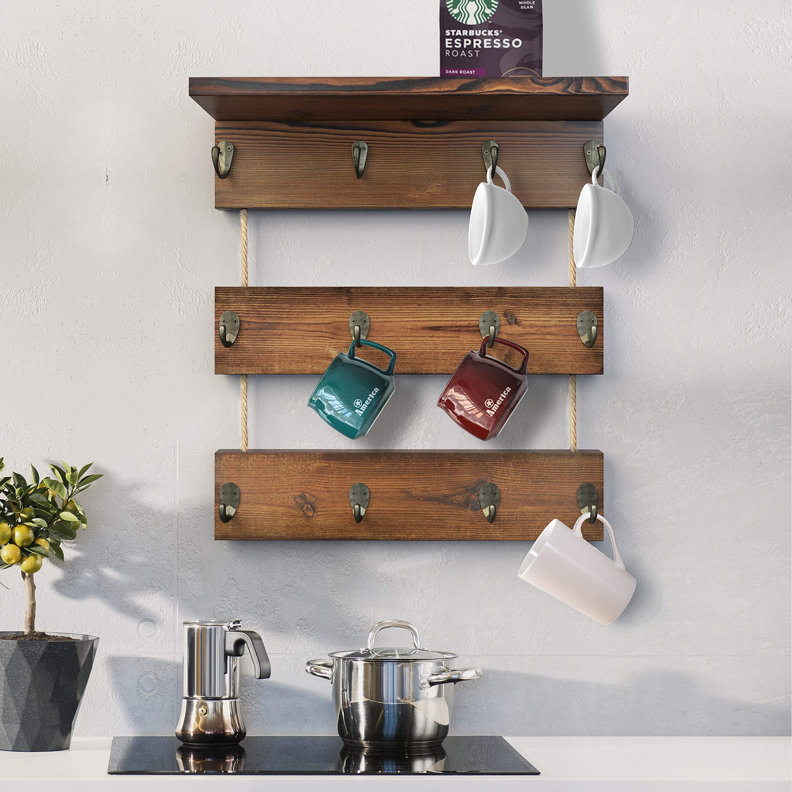 KOLYMAX 12 Hooks Coffee Cup Holder Solid Wood Mug Rack with Shelf Coffee Bar Mug Display Rustic Kitchen Storage Rack for Farmhouse Decor 3 Tie