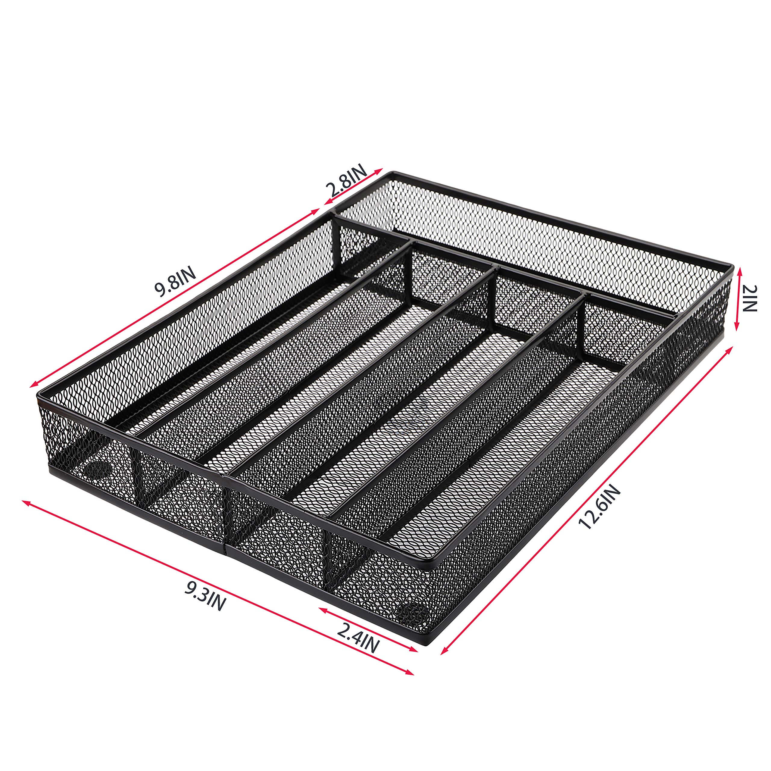 Cedilis Cutlery Tray, 5 Compartments Flatware Organizers, Metal Kitchen Utensil Drawer Silverware Tray, The Mesh Collection for Knives Spoons Forks with 4 Foam Feet, Black
