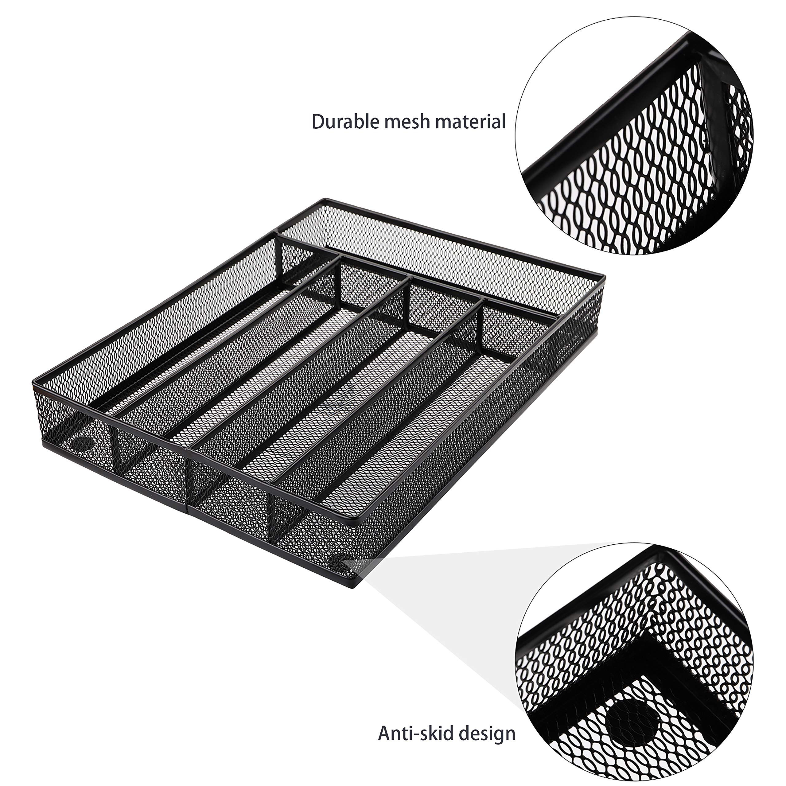 Cedilis Cutlery Tray, 5 Compartments Flatware Organizers, Metal Kitchen Utensil Drawer Silverware Tray, The Mesh Collection for Knives Spoons Forks with 4 Foam Feet, Black