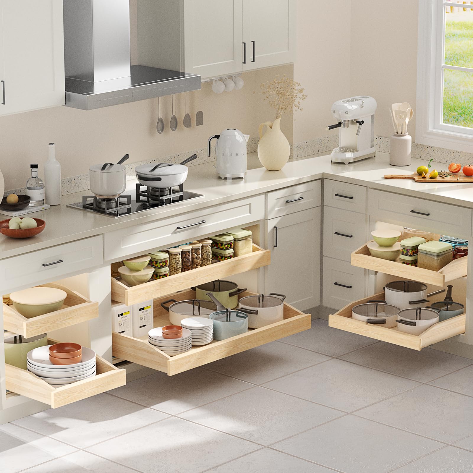 LOVMOR Single Pull Out Cabinet Organizer 26”W x 21”D, Soft Close Slide Out Drawer Storage Shelves for Kitchen, Wood Cabinet Shelf Pull-Out Organizer Storage for Base Cabinet