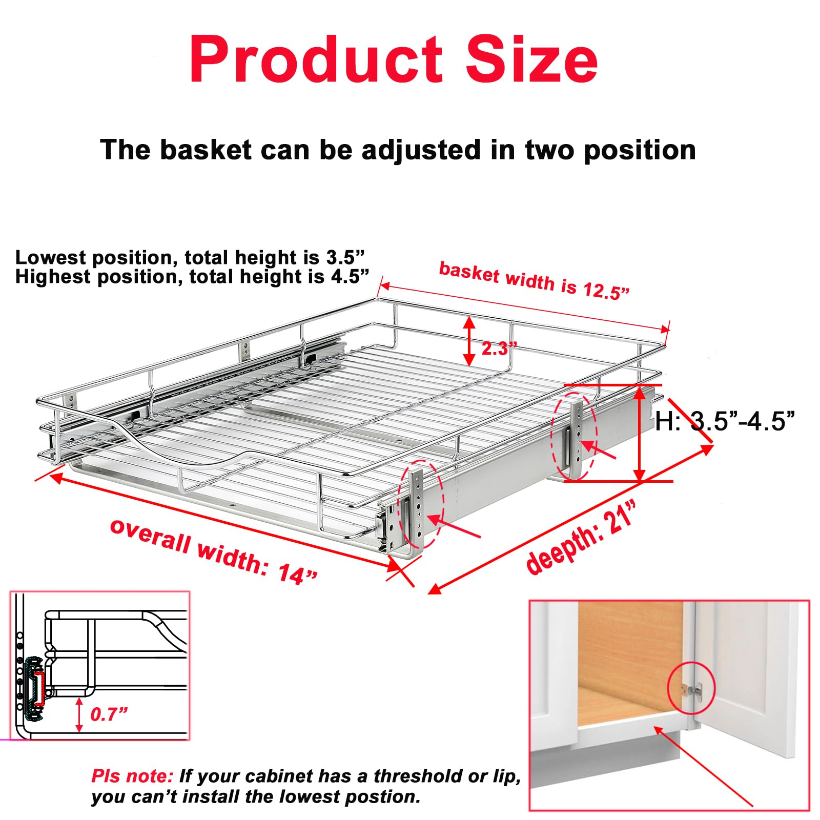 DINDON 1 Tier Pull Out Cabinet Organizer (14" W x 21" D) Heavy-Duty Metal Sliding Drawer Shelf, Slide Out Wire Basket for Kitchen Cabinets, Pantry, Bathroom, Chrome Finish…