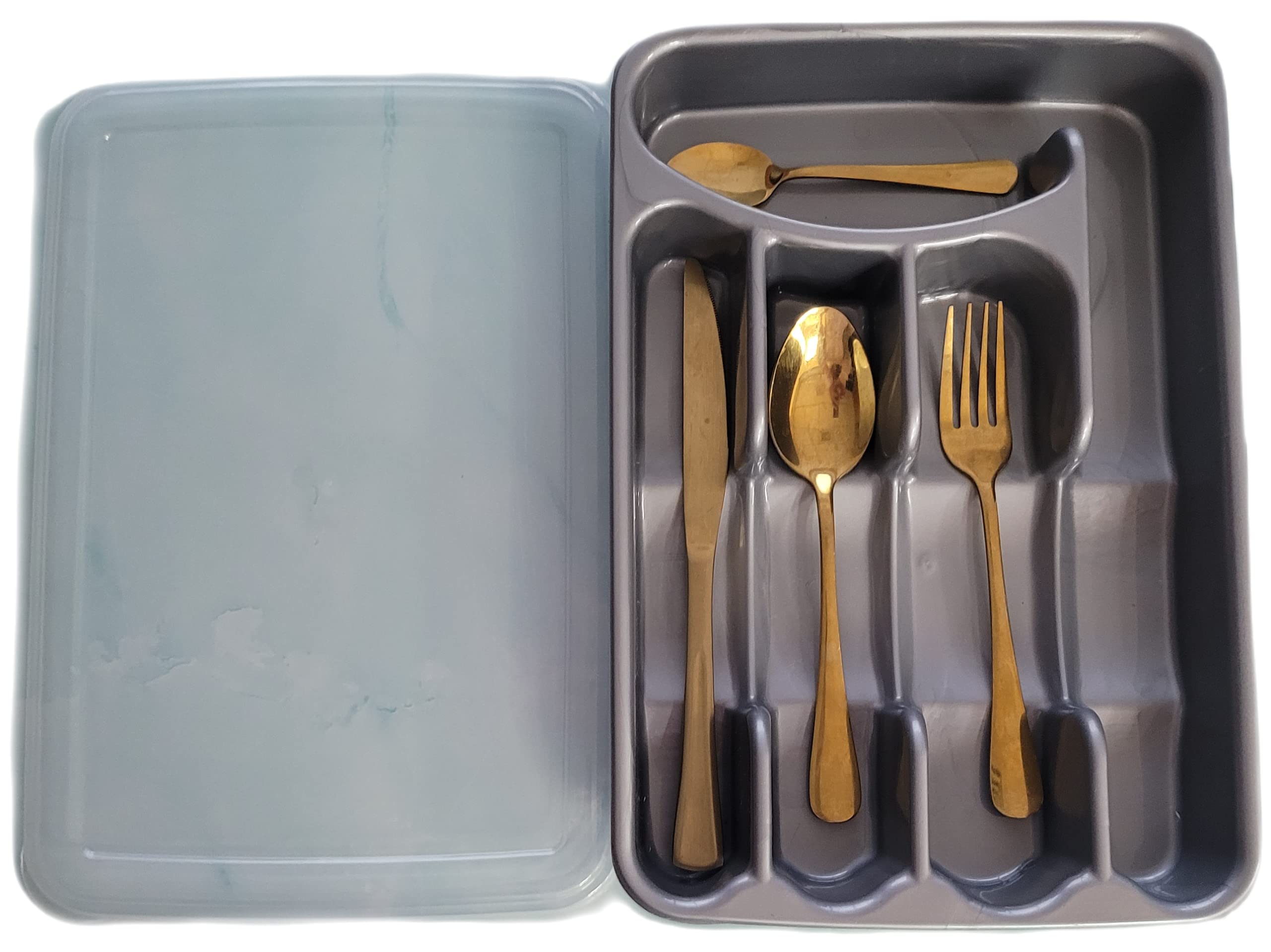 Utensil and Silverware Organizer tray for drawer with cover -Cutlery Flatware Organizer with lid - for kitchen drawer, BBQ , picnic, Covered flatware tray,5 Compartments - Plastic (SILVER)