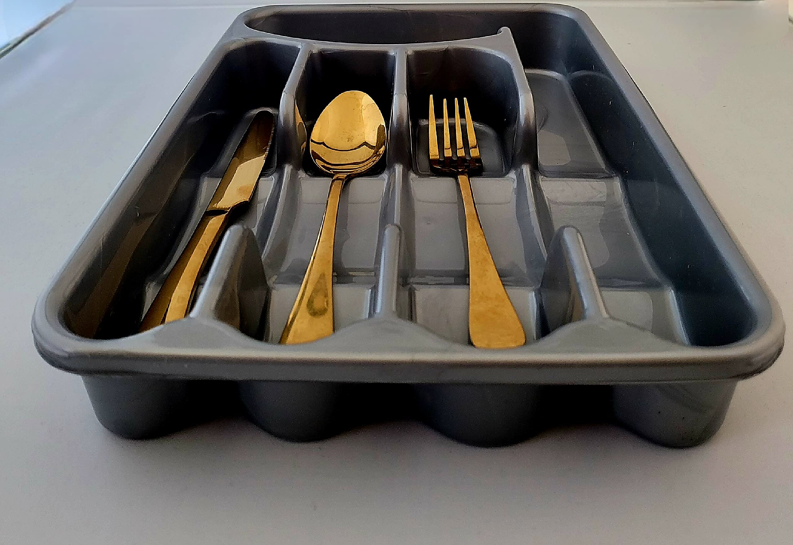 Utensil and Silverware Organizer tray for drawer with cover -Cutlery Flatware Organizer with lid - for kitchen drawer, BBQ , picnic, Covered flatware tray,5 Compartments - Plastic (SILVER)