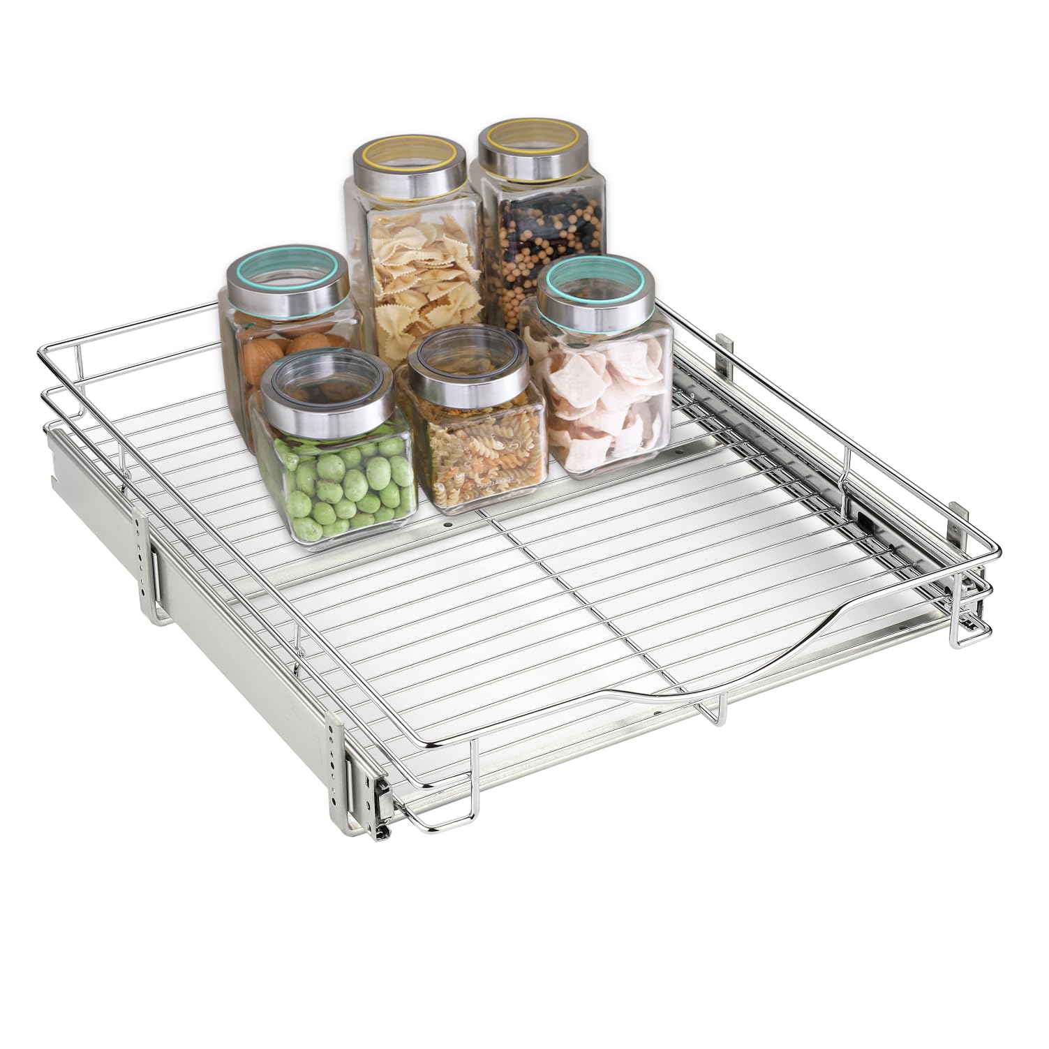 DINDON 1 Tier Pull Out Cabinet Organizer (14" W x 21" D) Heavy-Duty Metal Sliding Drawer Shelf, Slide Out Wire Basket for Kitchen Cabinets, Pantry, Bathroom, Chrome Finish…