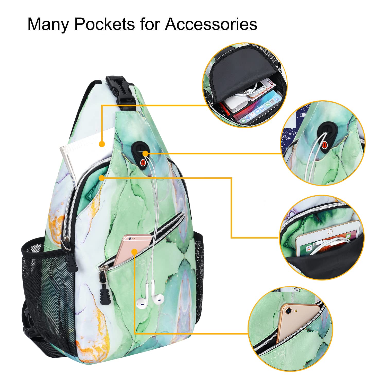 MOSISO Sling Backpack, Multipurpose Travel Hiking Daypack Rope Crossbody Shoulder Bag Marble MO-MBH189
