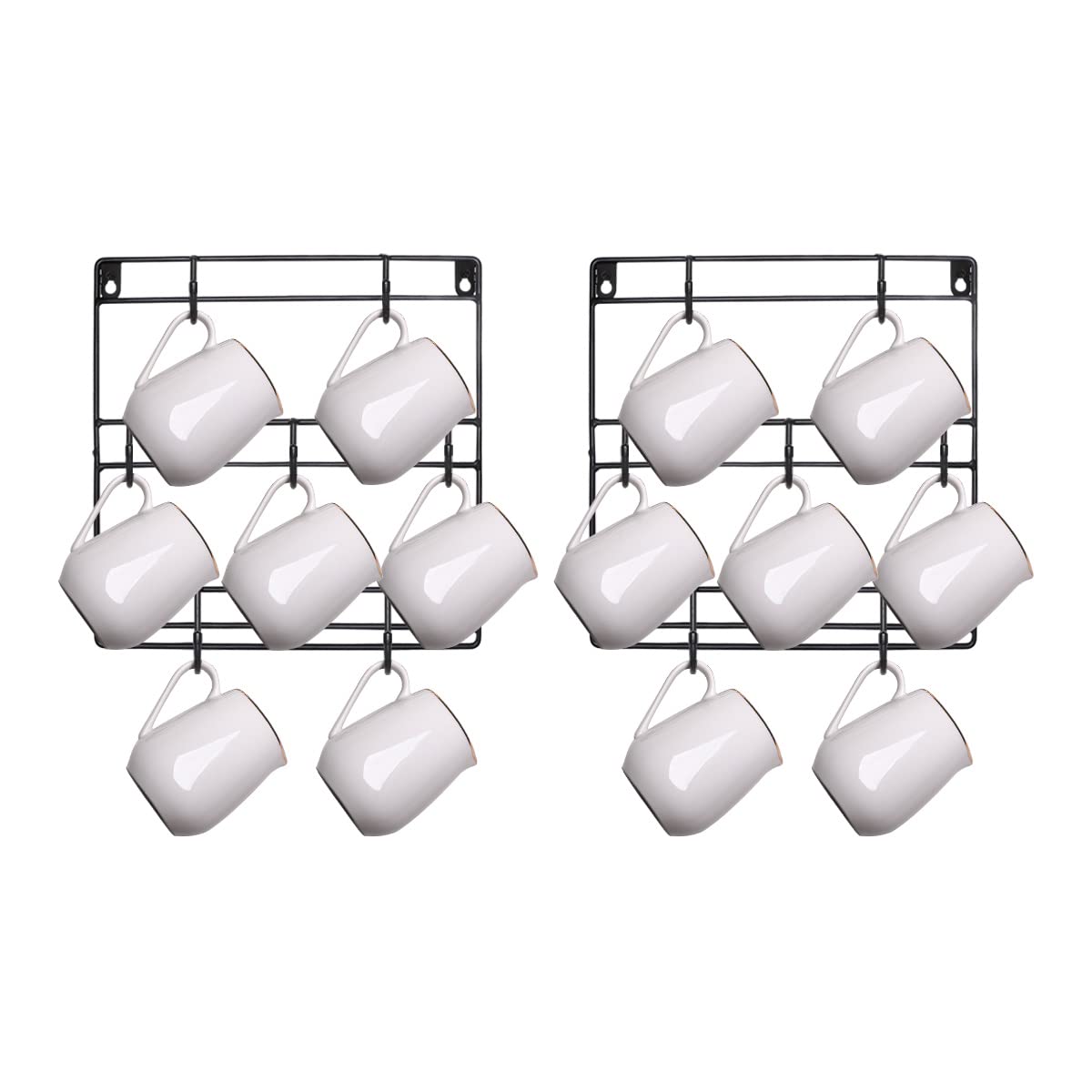 Ymeibe Wall Mounted Coffee Mug Rack with 7 Hooks Large Metal 3 Tiers Coffee Cup Holder for Coffee Mugs, Teacups, Mason Jars, Display, Organizer and Storage Hangers, Set of 2 (Black)