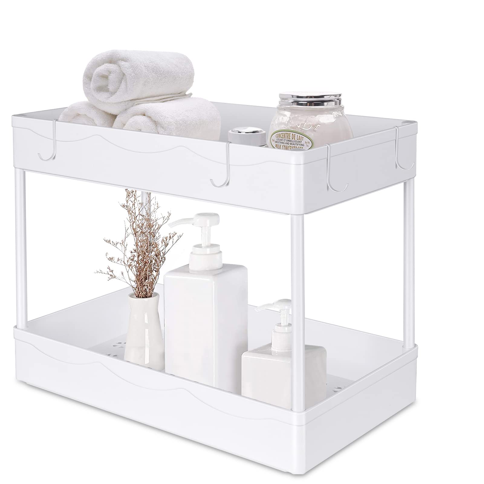 Under Sink Organizers and Storage,Under The Bathroom Sink Storage,2 Tier Under Sink Shelf with 4 Hooks,Bathroom and Kitchen Countertop Standing Rack,Under Sink Organizer for Bathroom Kitchen,White