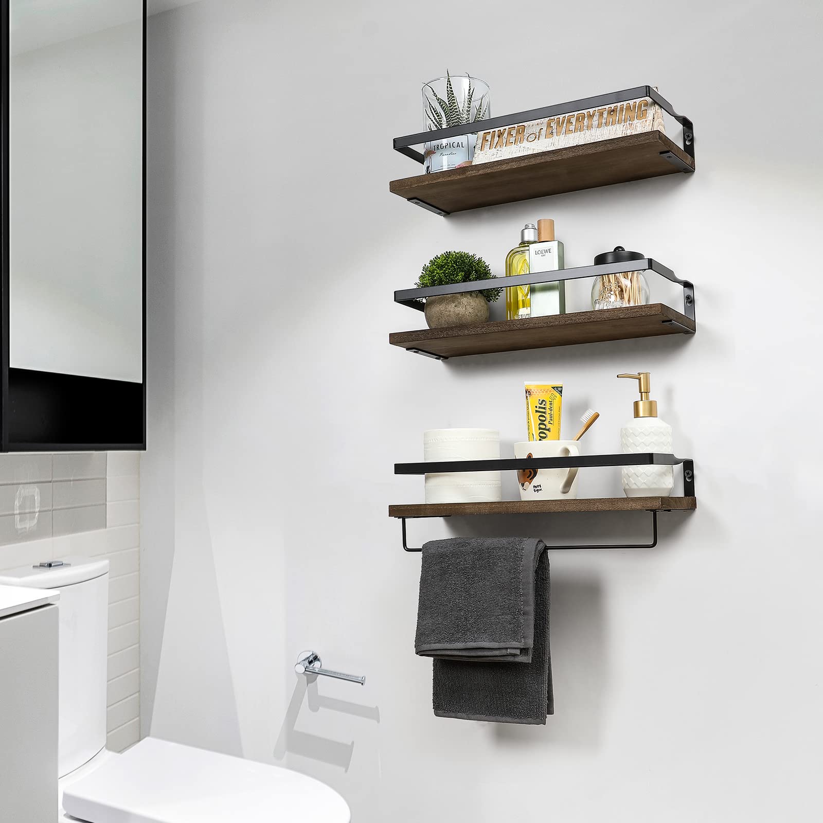Set of 3, Wall Floating Bathroom Shelves with 1 Towel Bar - Wall Mounted Hanging Shelf for Bedroom, Living Room, Kitchen Storage Organizer - Rustic Farmhouse Bathroom Home Decor Clearance - Dark Brown