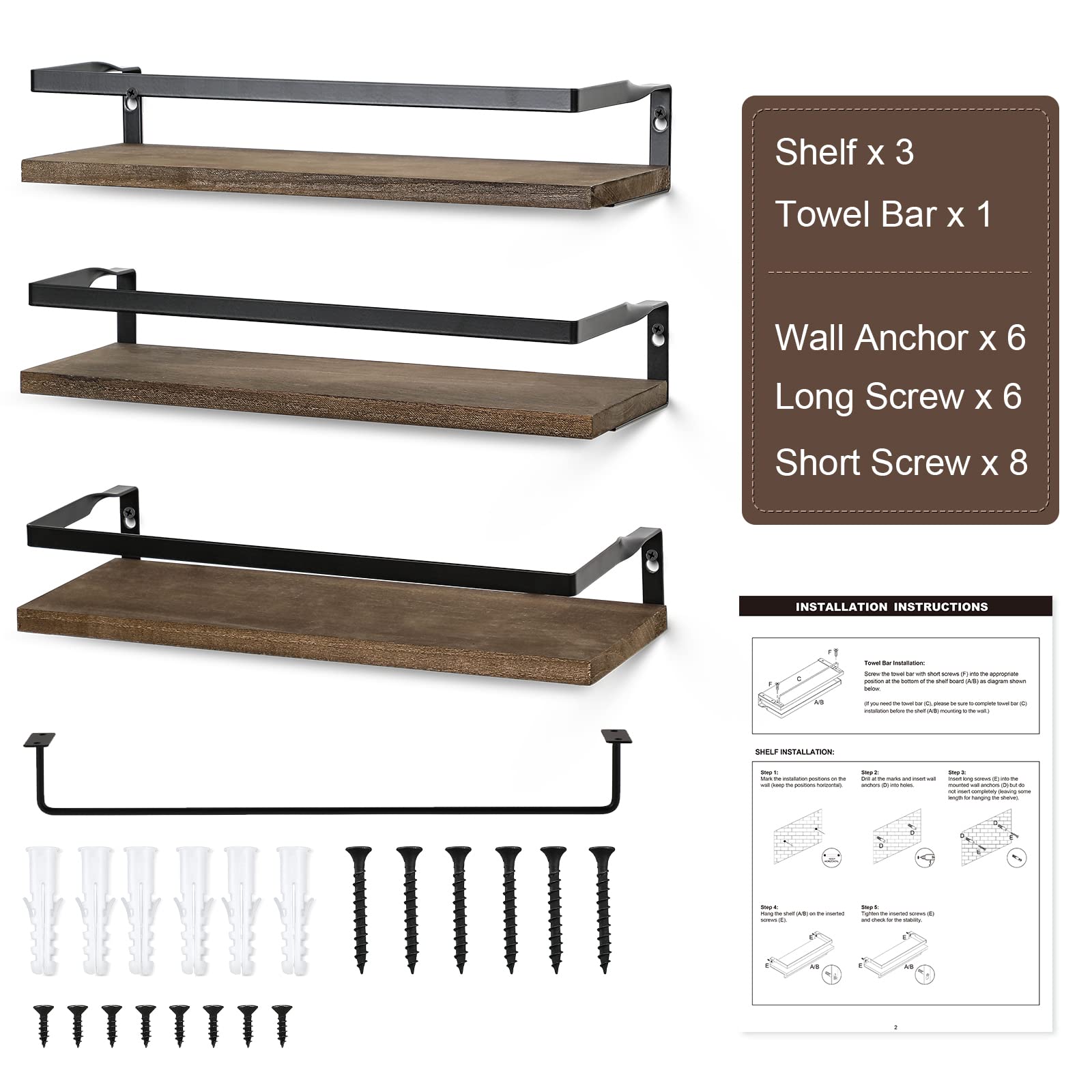 Set of 3, Wall Floating Bathroom Shelves with 1 Towel Bar - Wall Mounted Hanging Shelf for Bedroom, Living Room, Kitchen Storage Organizer - Rustic Farmhouse Bathroom Home Decor Clearance - Dark Brown