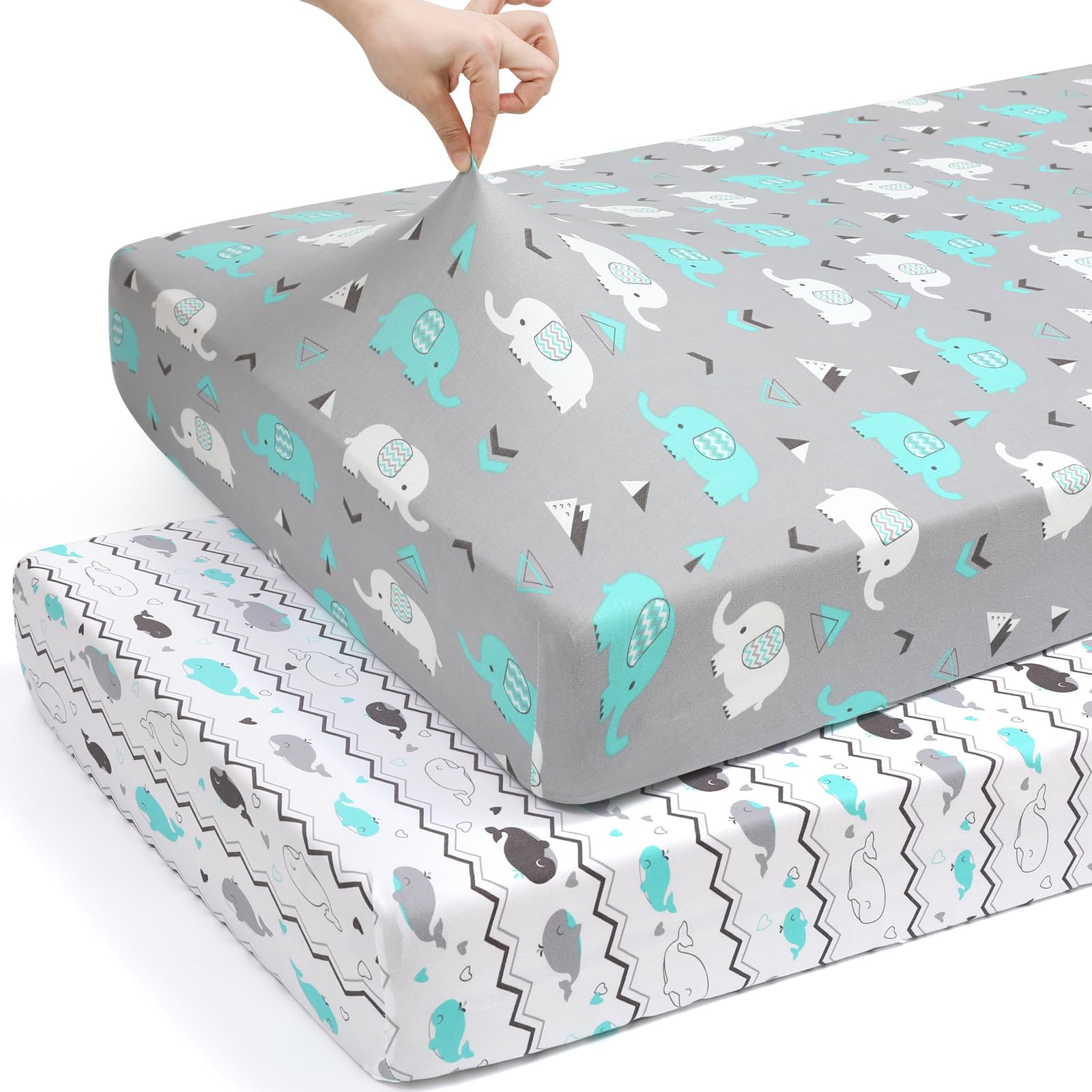 Pack n Play Stretchy Fitted Pack n Play Playard Sheet Set BROLEX 2 Pack Portable Mini Crib Sheets,Convertible Playard Mattress Cover,Ultra Soft Material,Elephant & Whale