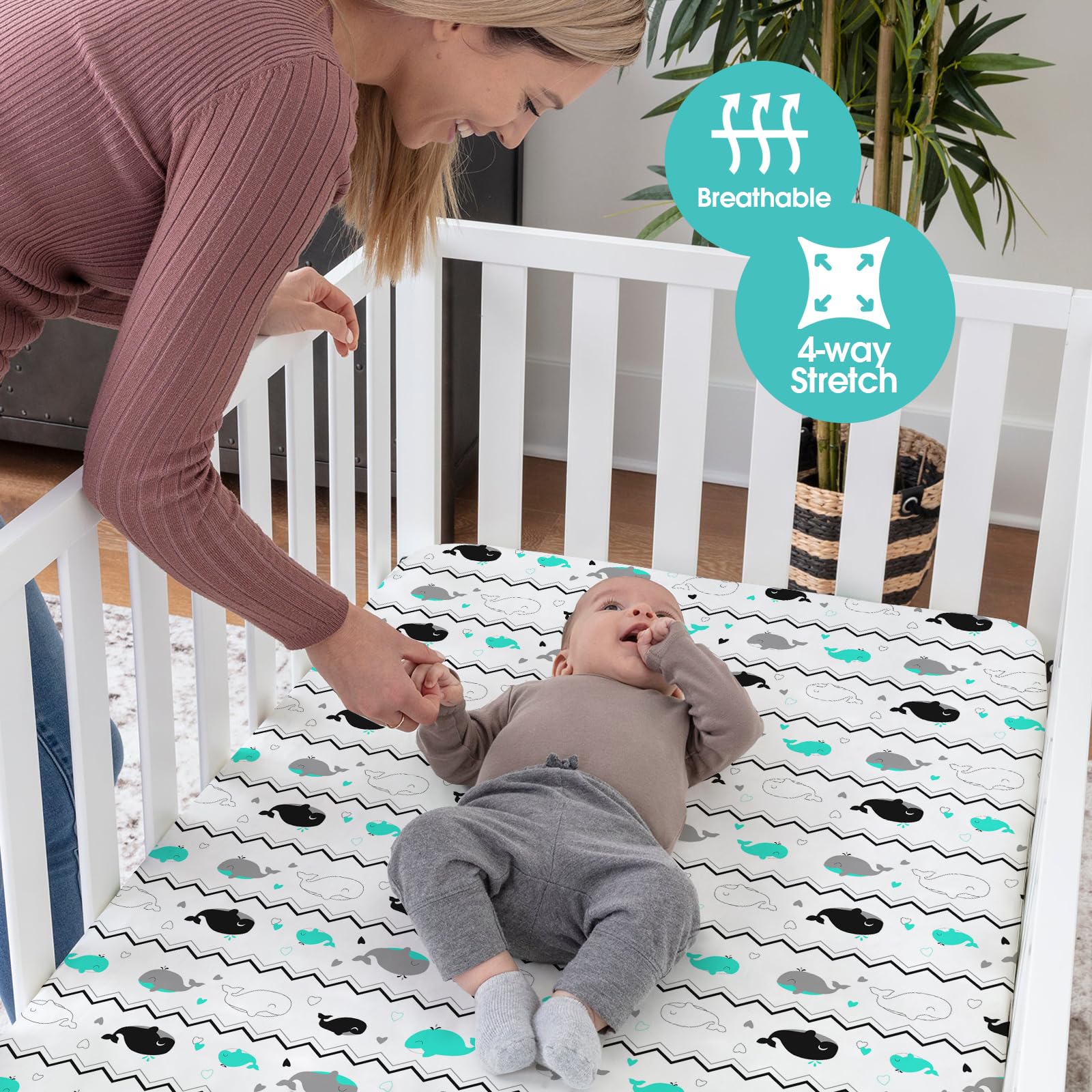 Pack n Play Stretchy Fitted Pack n Play Playard Sheet Set BROLEX 2 Pack Portable Mini Crib Sheets,Convertible Playard Mattress Cover,Ultra Soft Material,Elephant & Whale