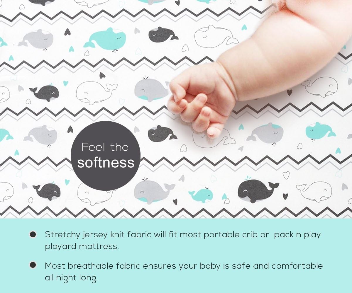 Pack n Play Stretchy Fitted Pack n Play Playard Sheet Set BROLEX 2 Pack Portable Mini Crib Sheets,Convertible Playard Mattress Cover,Ultra Soft Material,Elephant & Whale