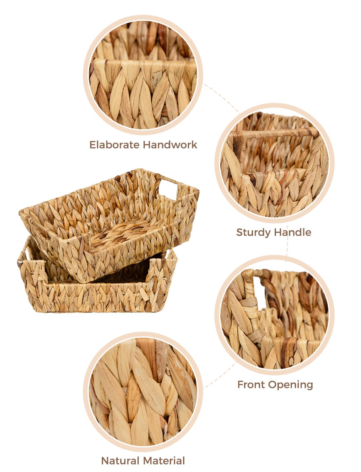 StorageWorks Water Hyacinth Open-Front Storage Basket, Wicker Storage Baskets for Shelves, Hand-Woven Bin with Handles, Kitchen Pantry Wicker Basket, 2 Pack