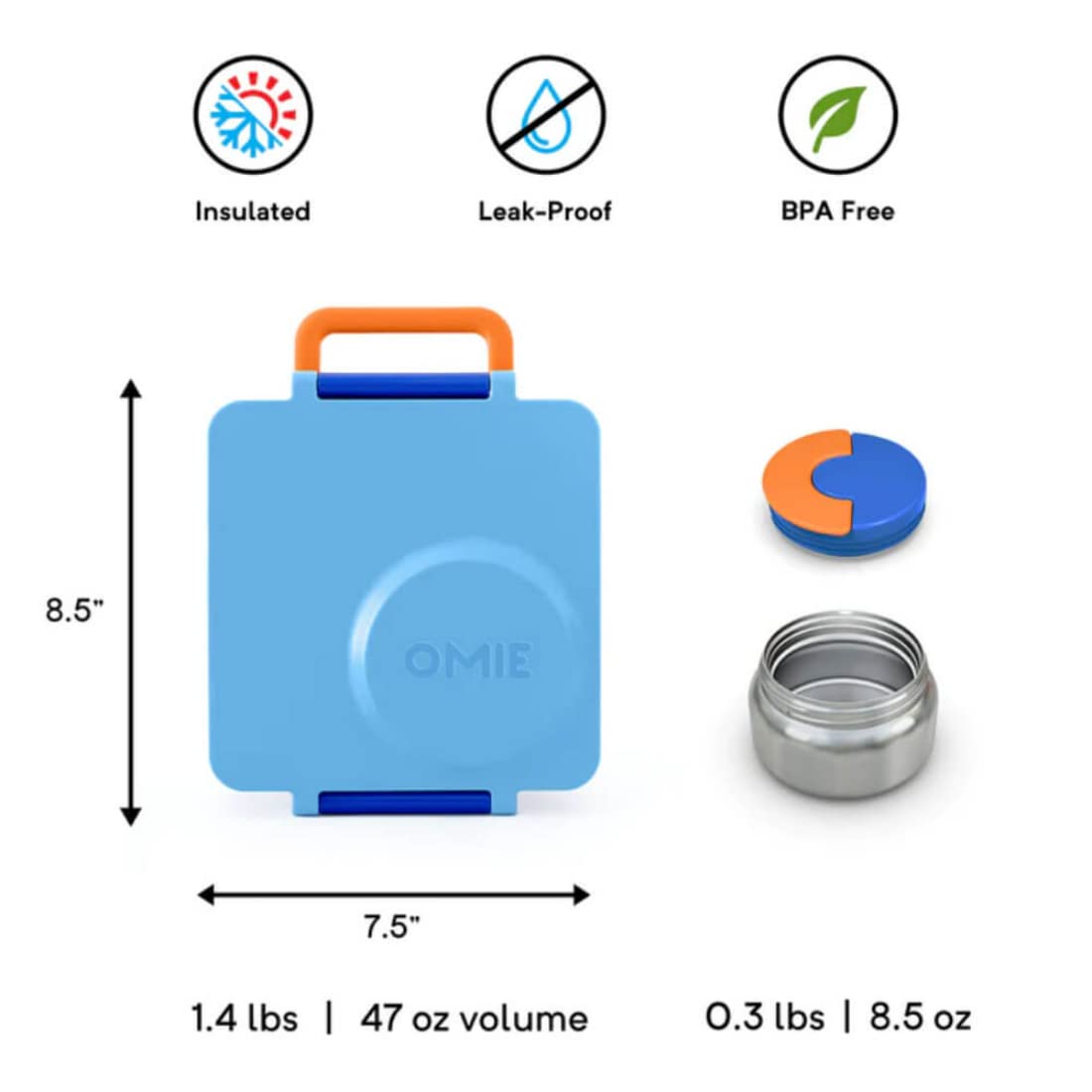 OmieBox Bento Box for Kids - Insulated Lunch Box with Leak Proof Thermos Food Jar - 3 Compartments, Two Temperature Zones (Sky Blue) (Single) (Packaging May Vary)