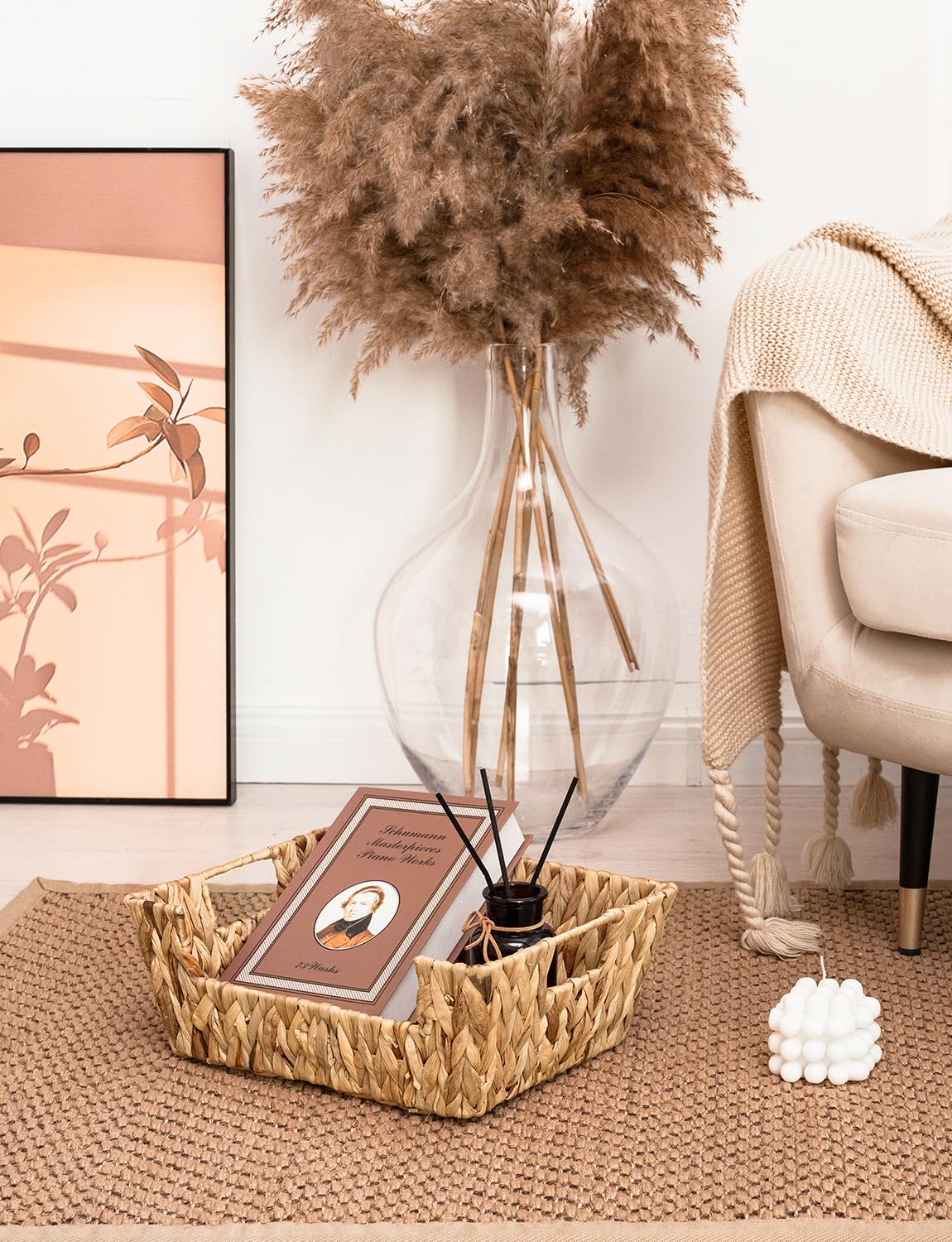 StorageWorks Water Hyacinth Open-Front Storage Basket, Wicker Storage Baskets for Shelves, Hand-Woven Bin with Handles, Kitchen Pantry Wicker Basket, 2 Pack