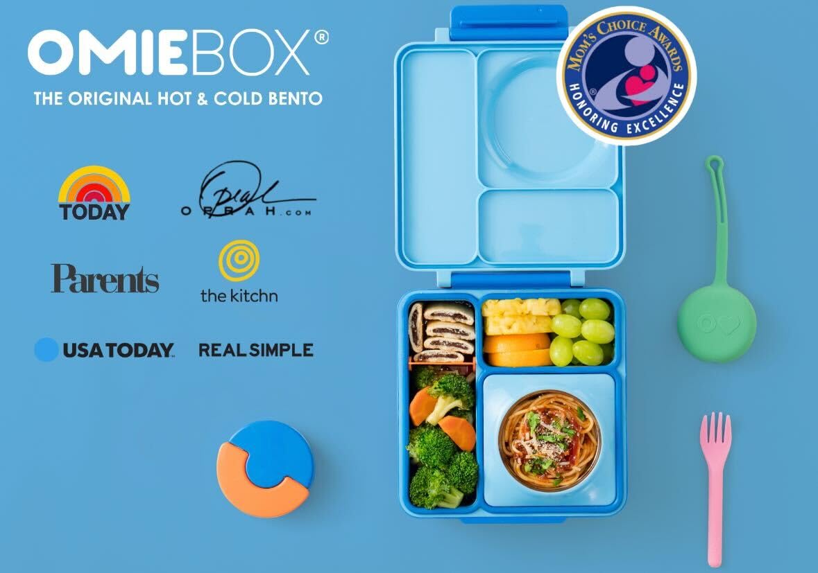 OmieBox Bento Box for Kids - Insulated Lunch Box with Leak Proof Thermos Food Jar - 3 Compartments, Two Temperature Zones (Sky Blue) (Single) (Packaging May Vary)